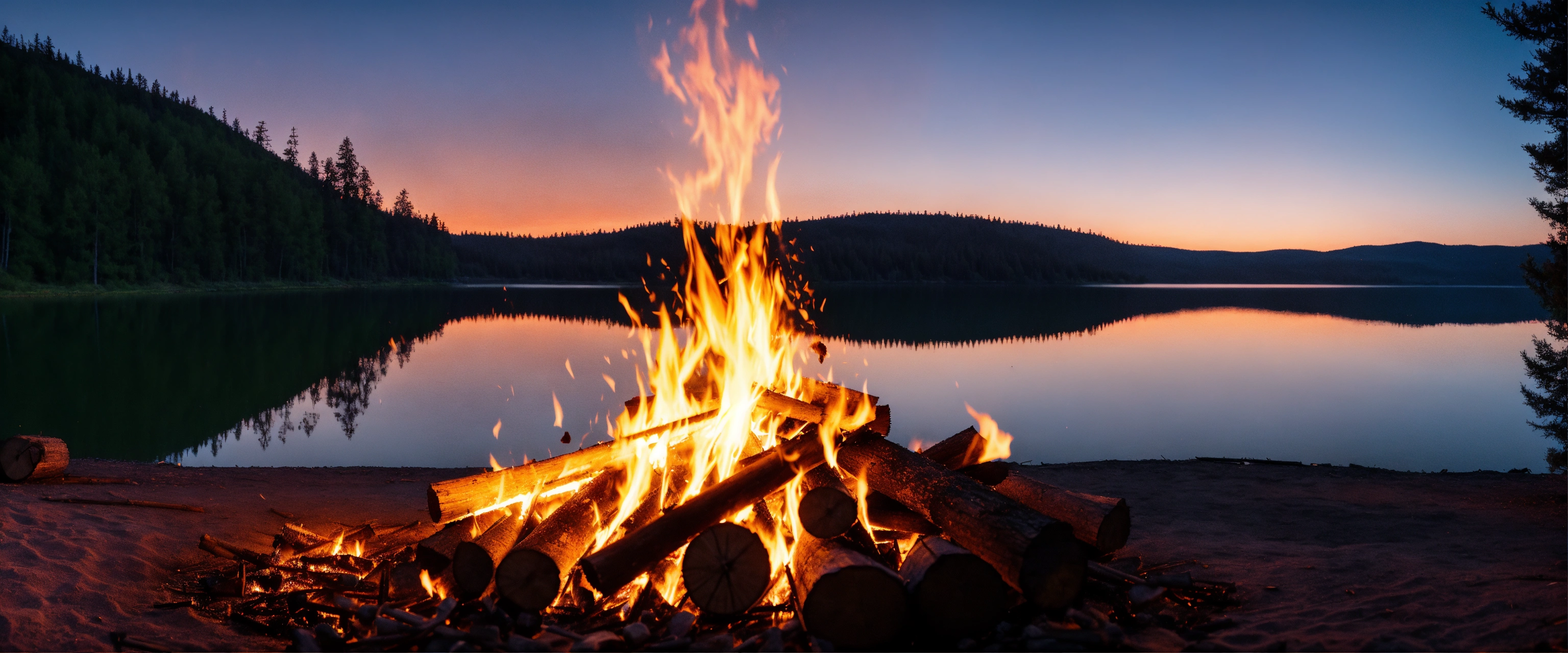 Lexica - Close-up on Glowing campfire by the lake. Sunset with open ...