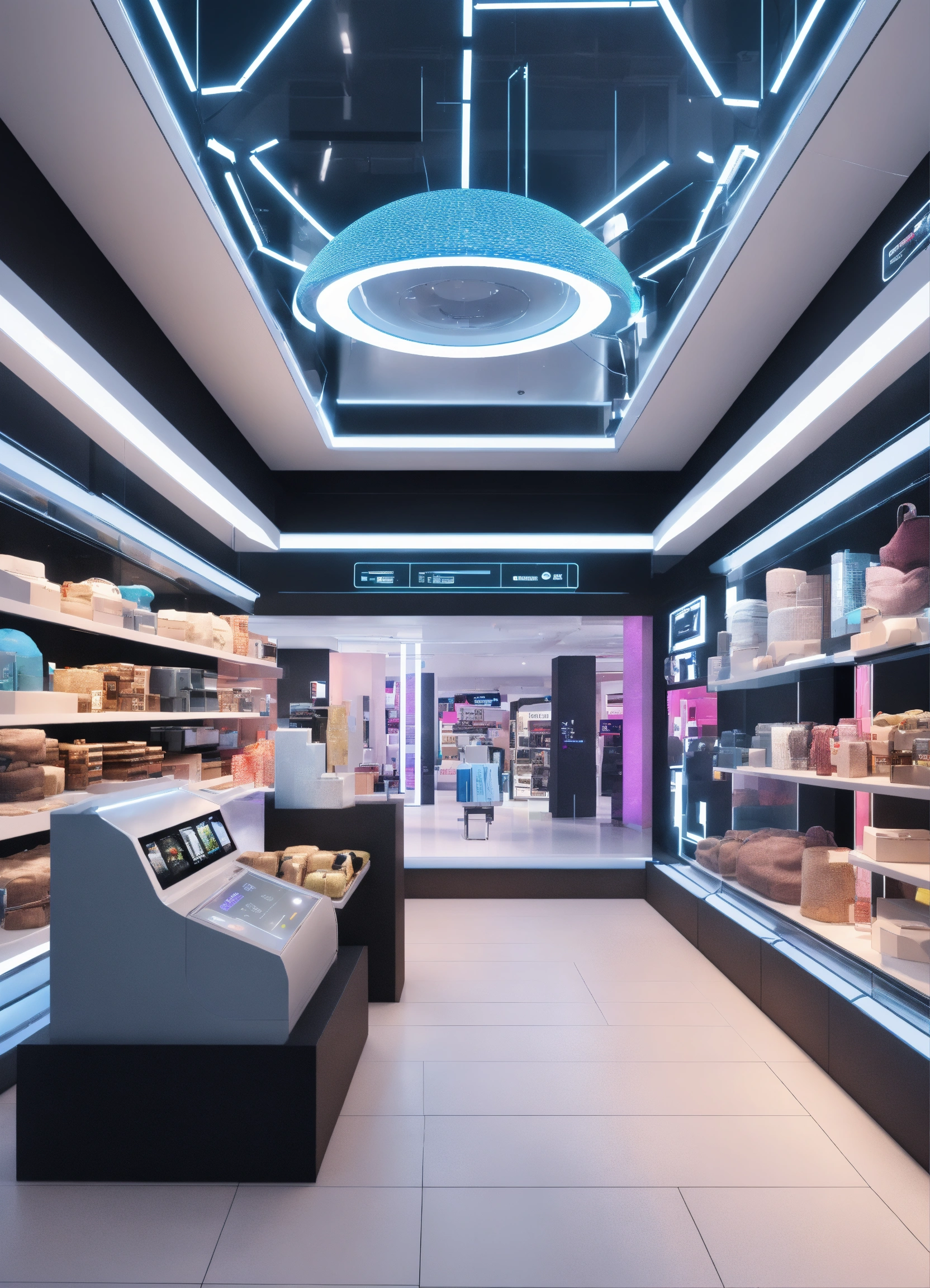 Lexica - Generate an image showcasing a futuristic retail store with AI robots assisting ...