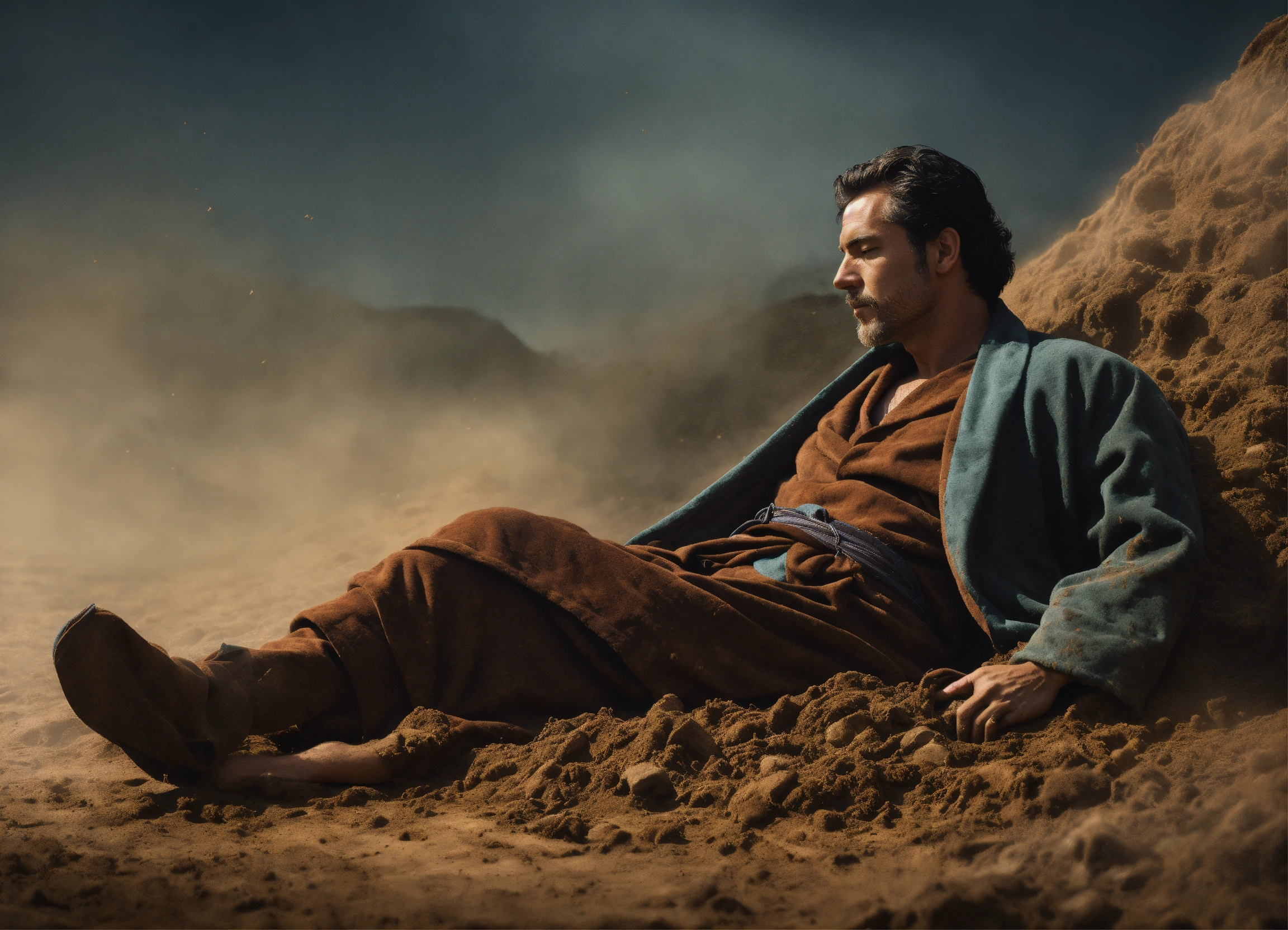 Lexica - A man,in dirty robes, laying on his side in the dirt, sharp ...