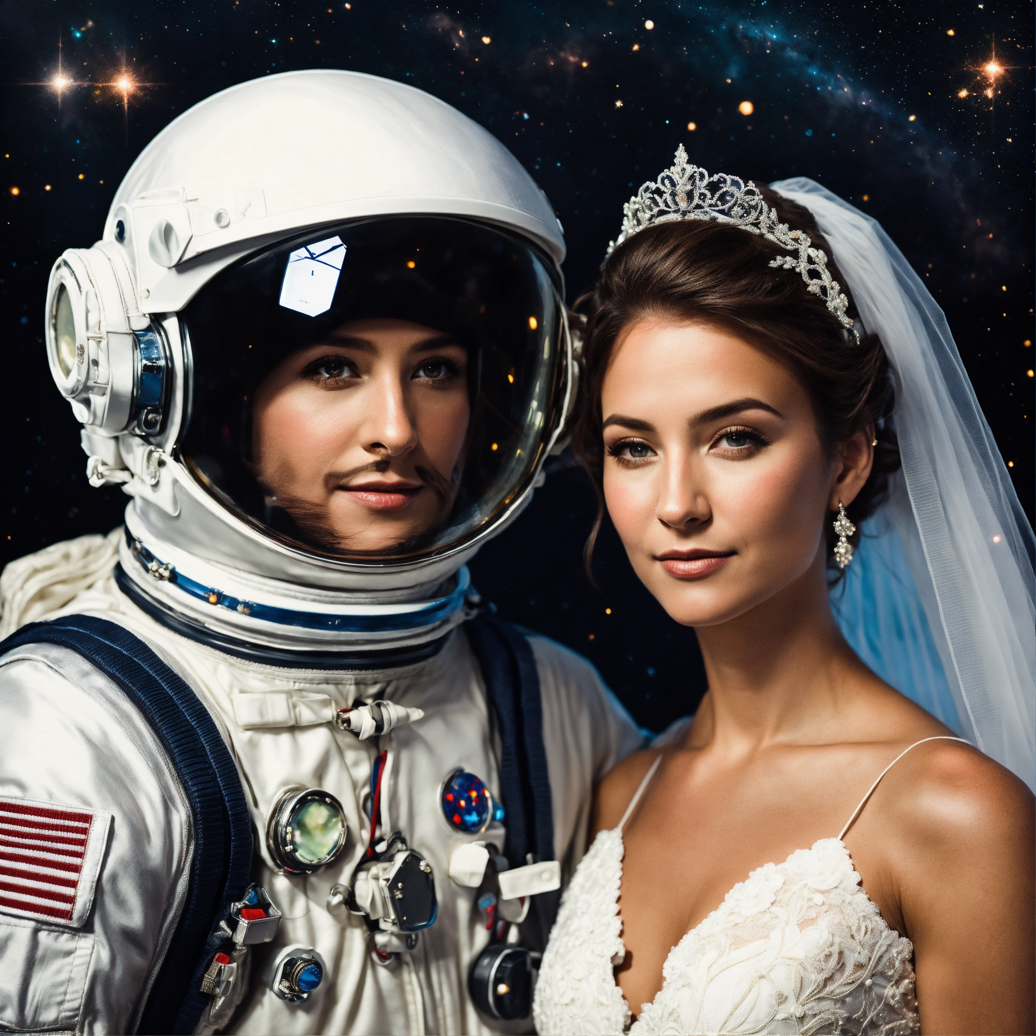 Lexica - Astronaut, realistic, the bride with astronaut helmet and groom