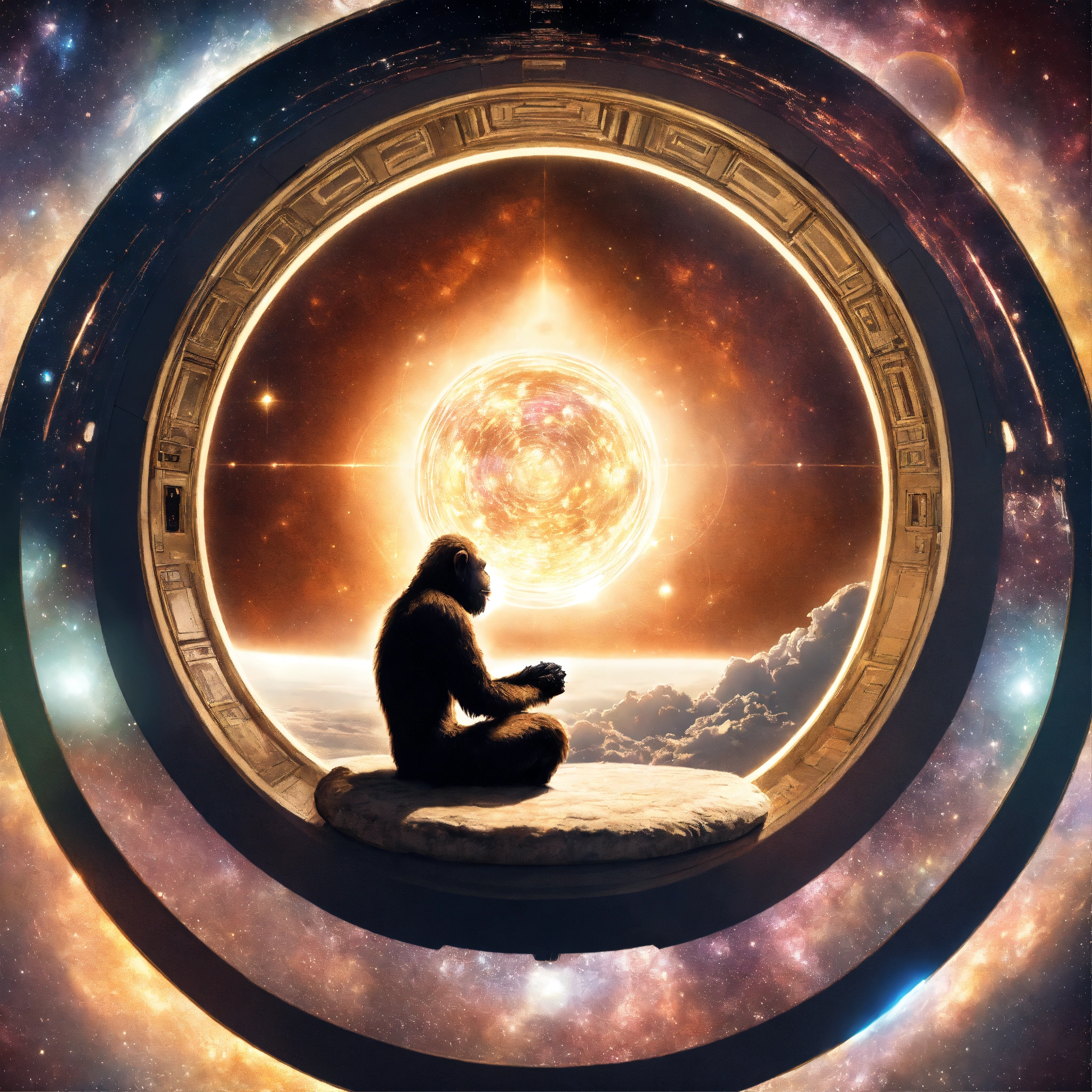 Lexica - Apes praying to a human god in space, in circle image ...