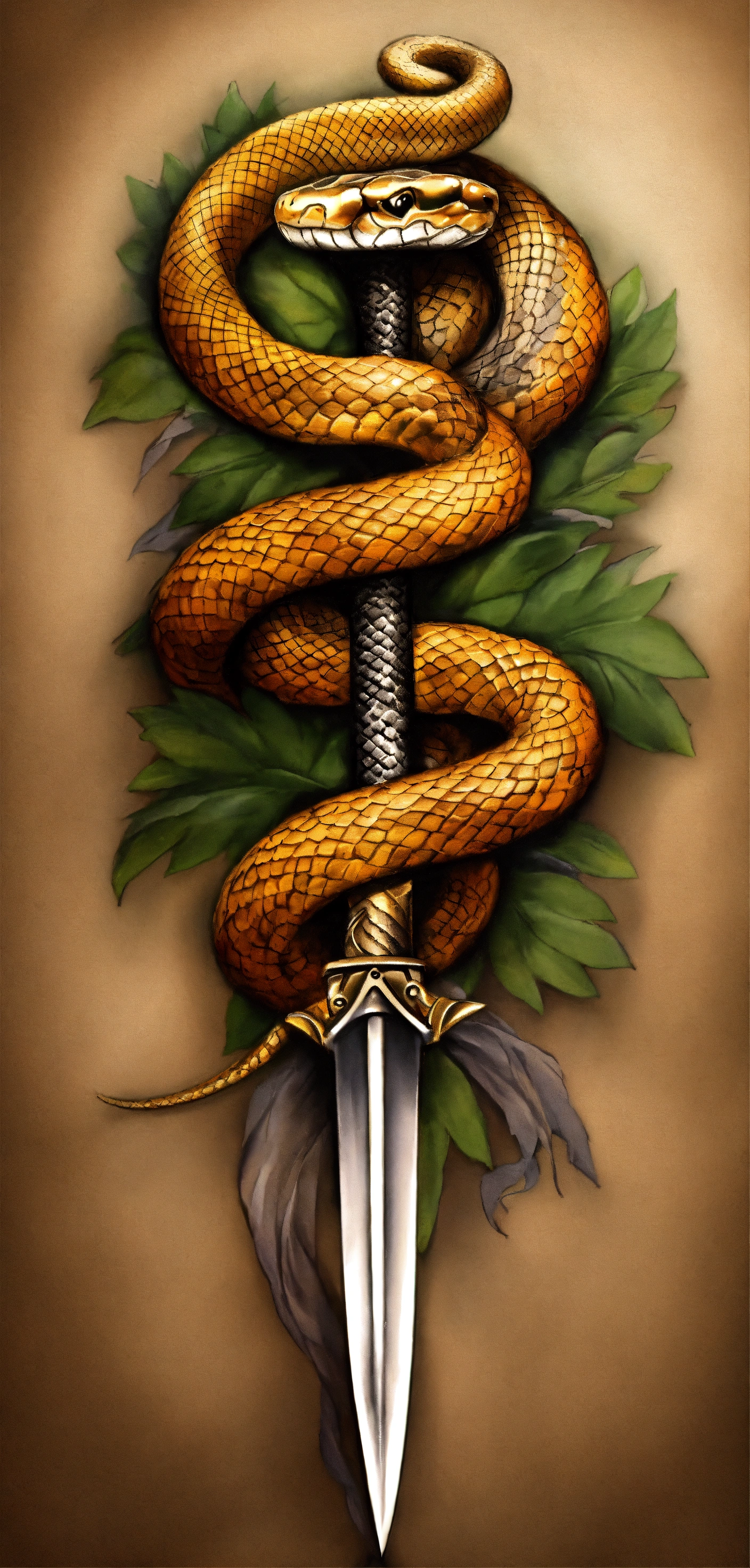 Lexica - Snake coiled around dagger tattoo design realistic