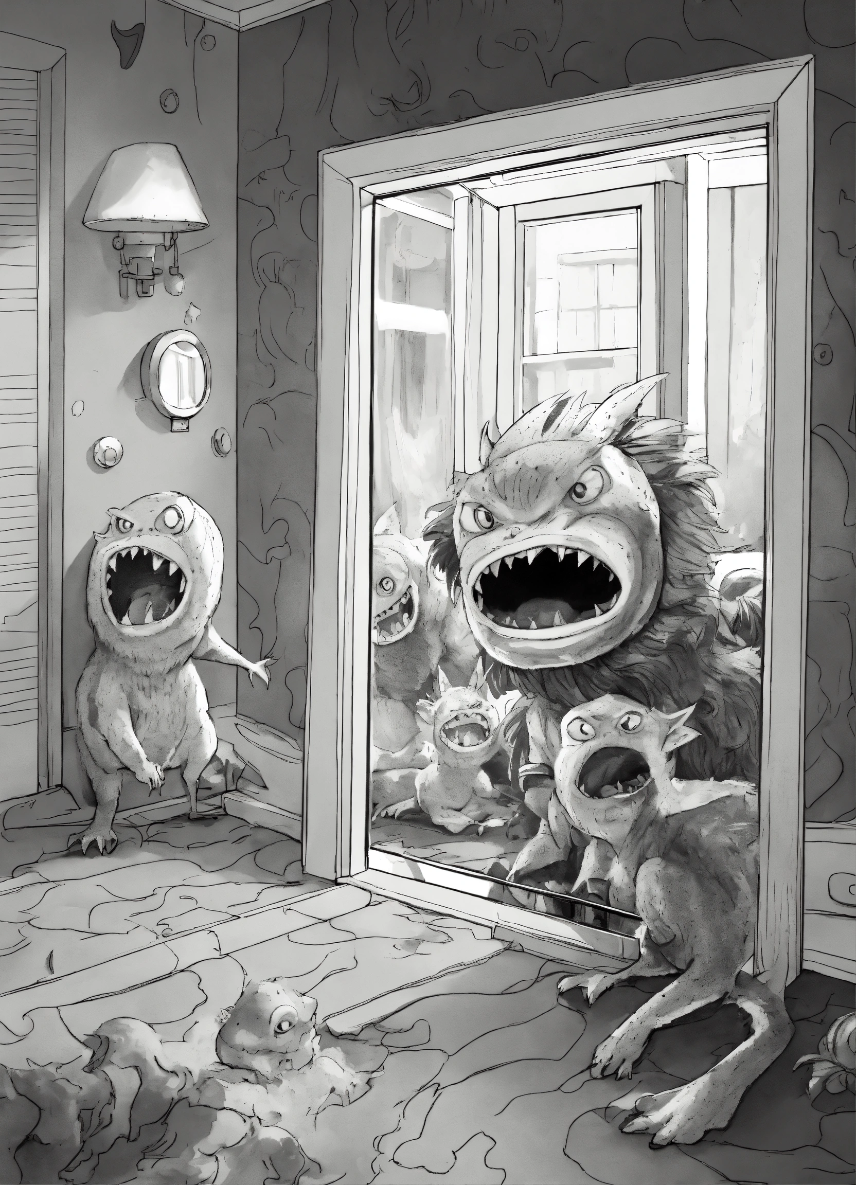 Lexica - Black and white illustration for a children's book. scary ...