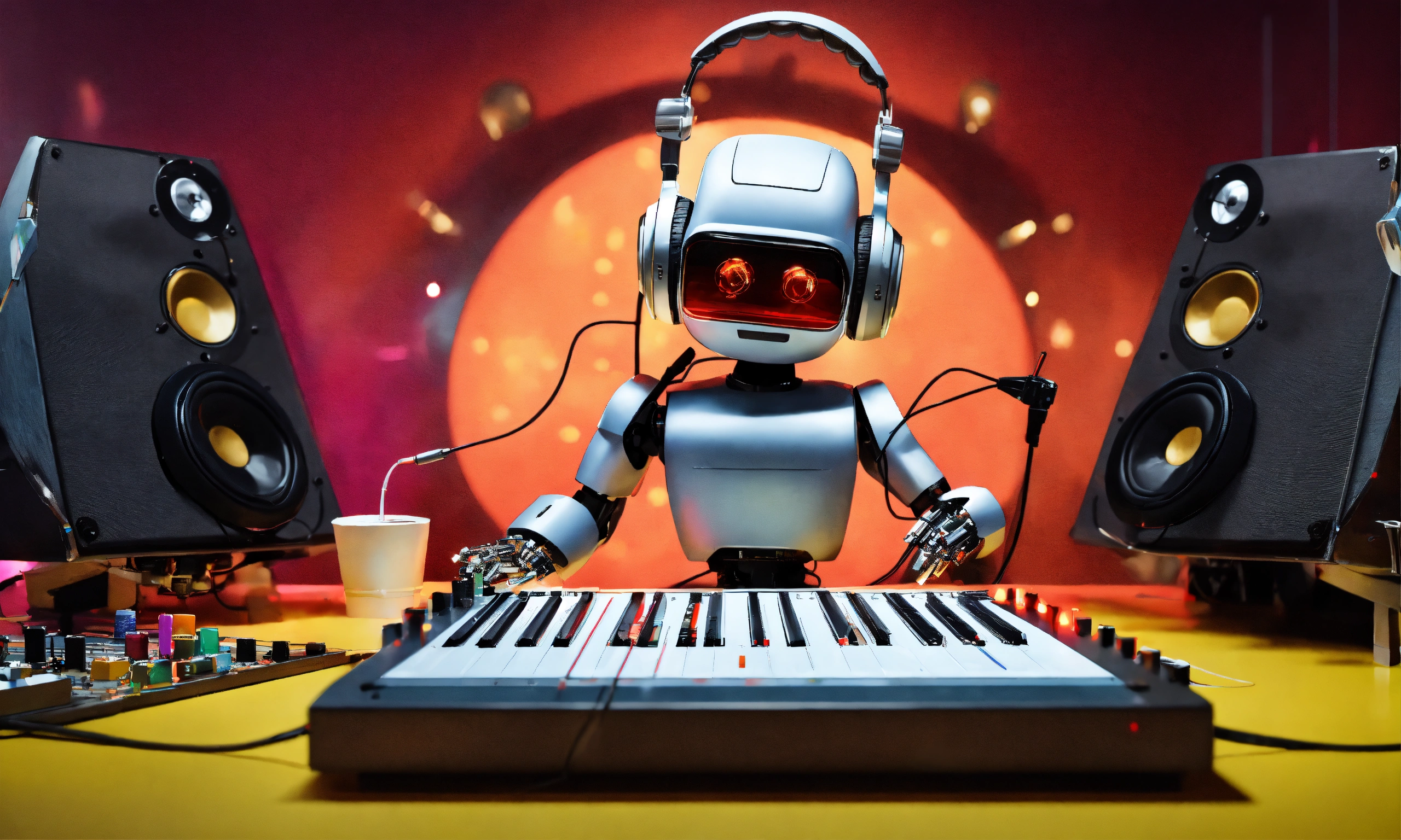 Lexica - A music producer robot is in the studio, with headphones ...