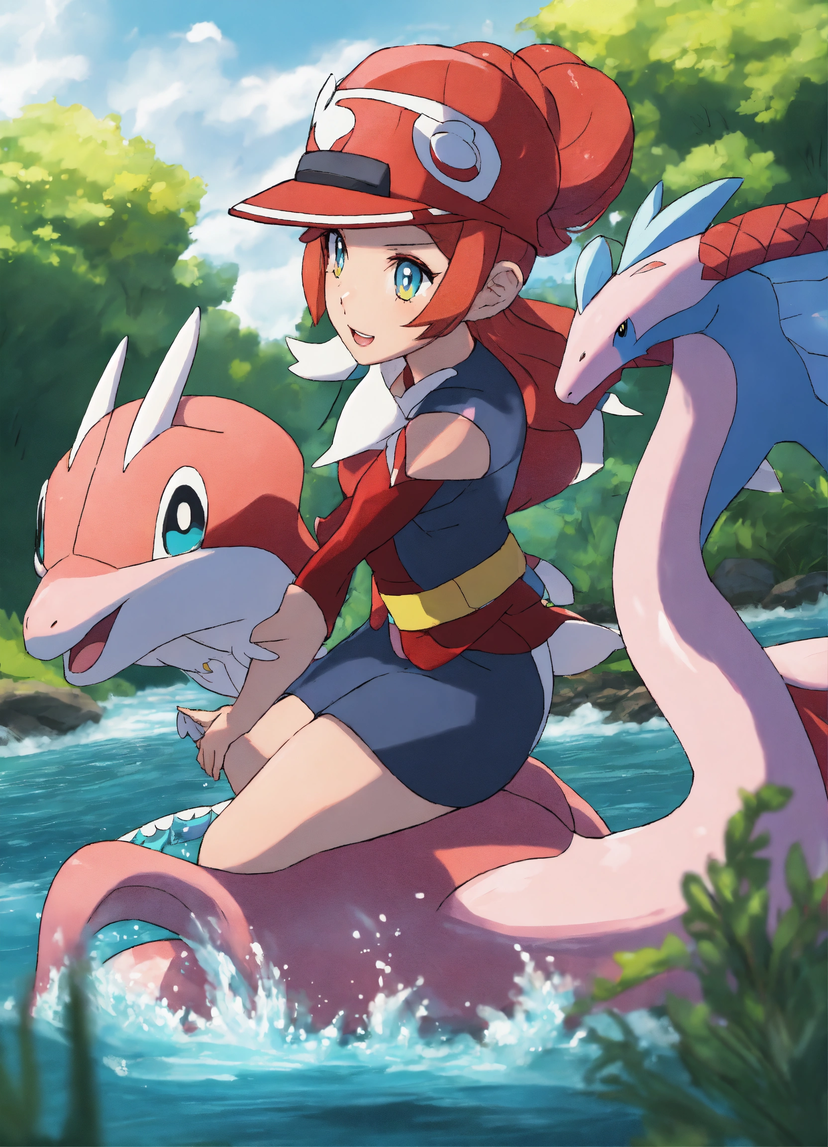 Lexica - Female redhead pokemon trainer riding milotic in a river challenge