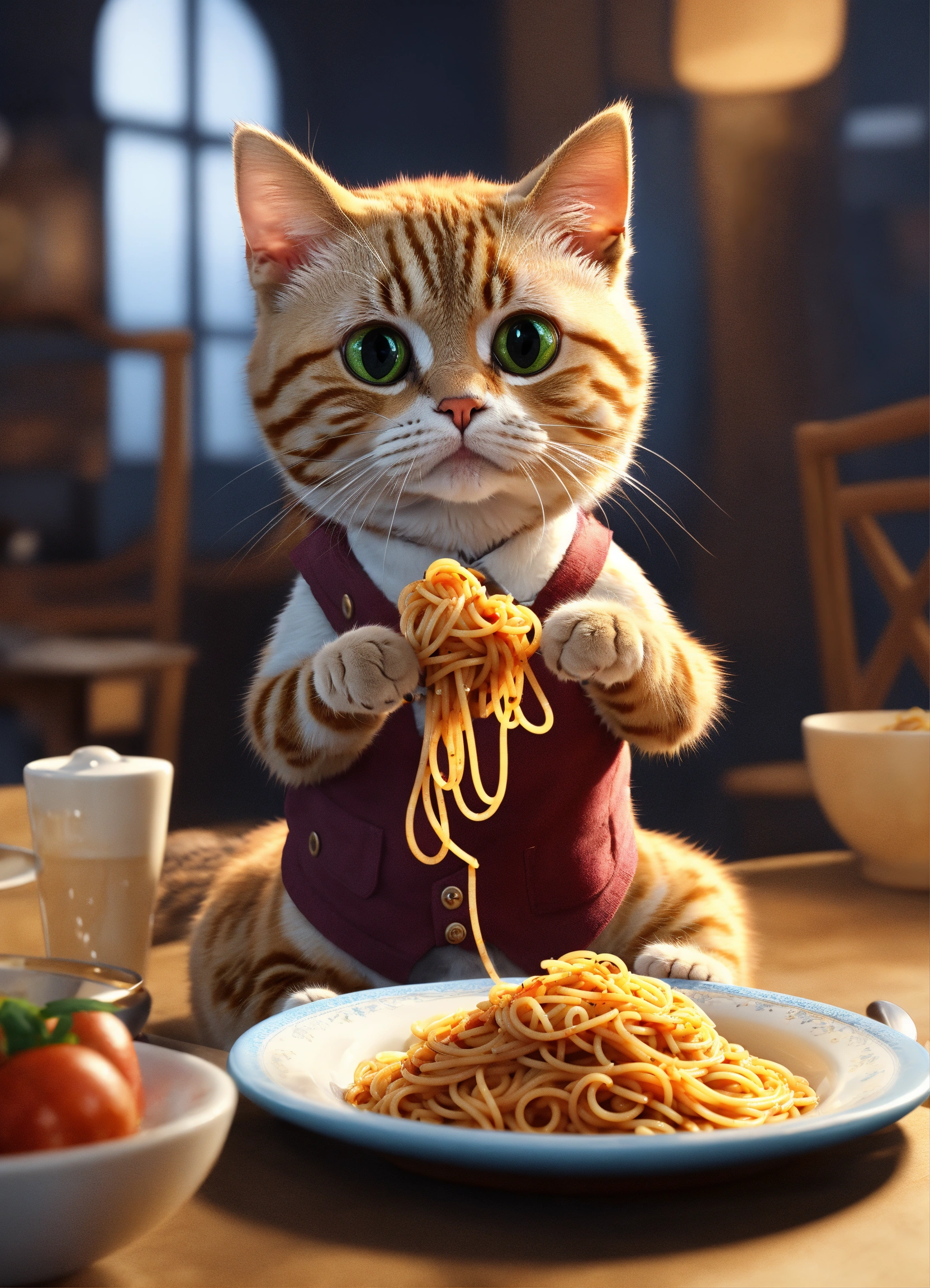 Lexica - A cat standing on 2 legs, eating spaghetti, unreal engine ...