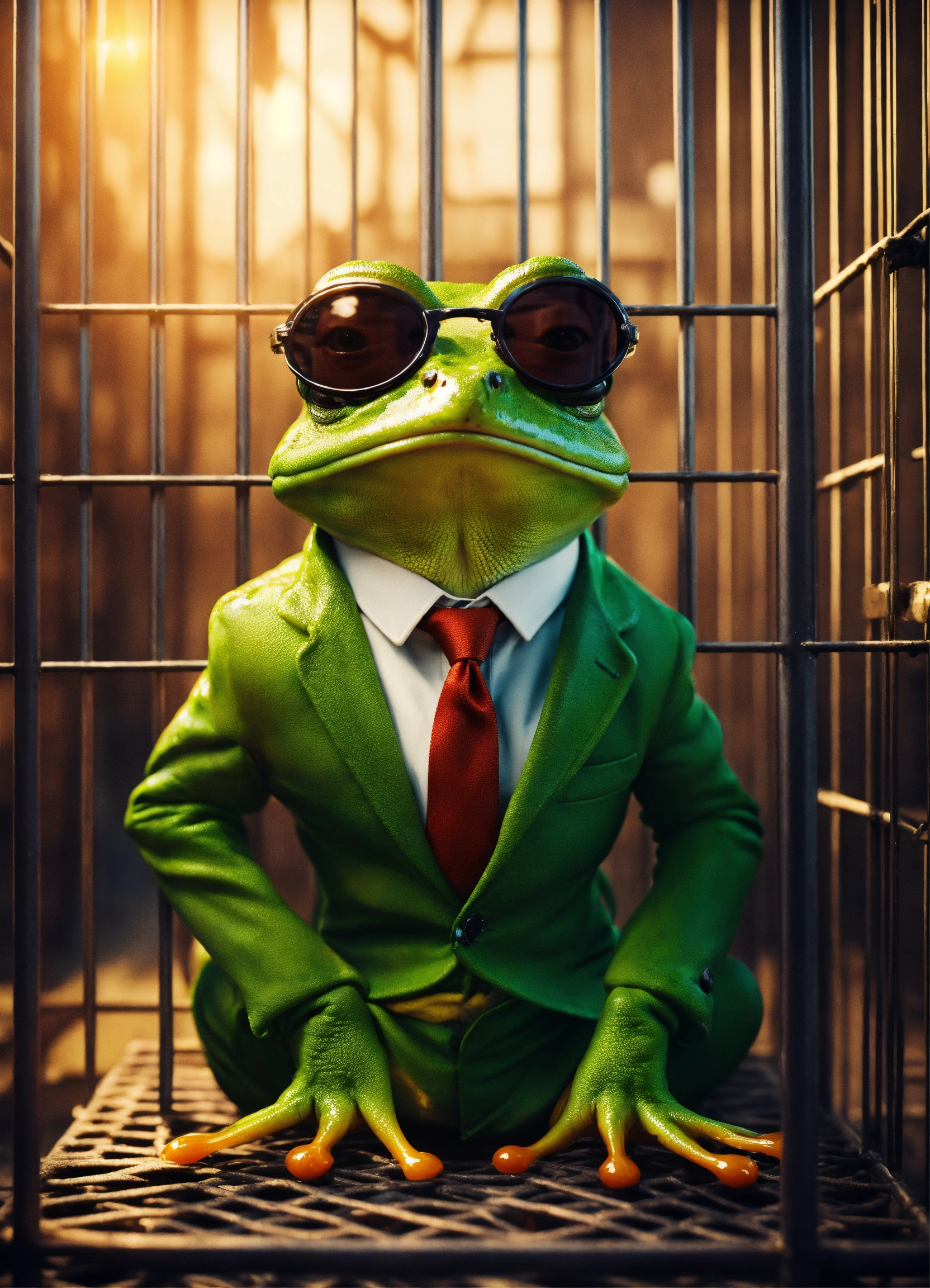 Lexica - Cute frog in suit and sun glasses in in rich colour prison ...