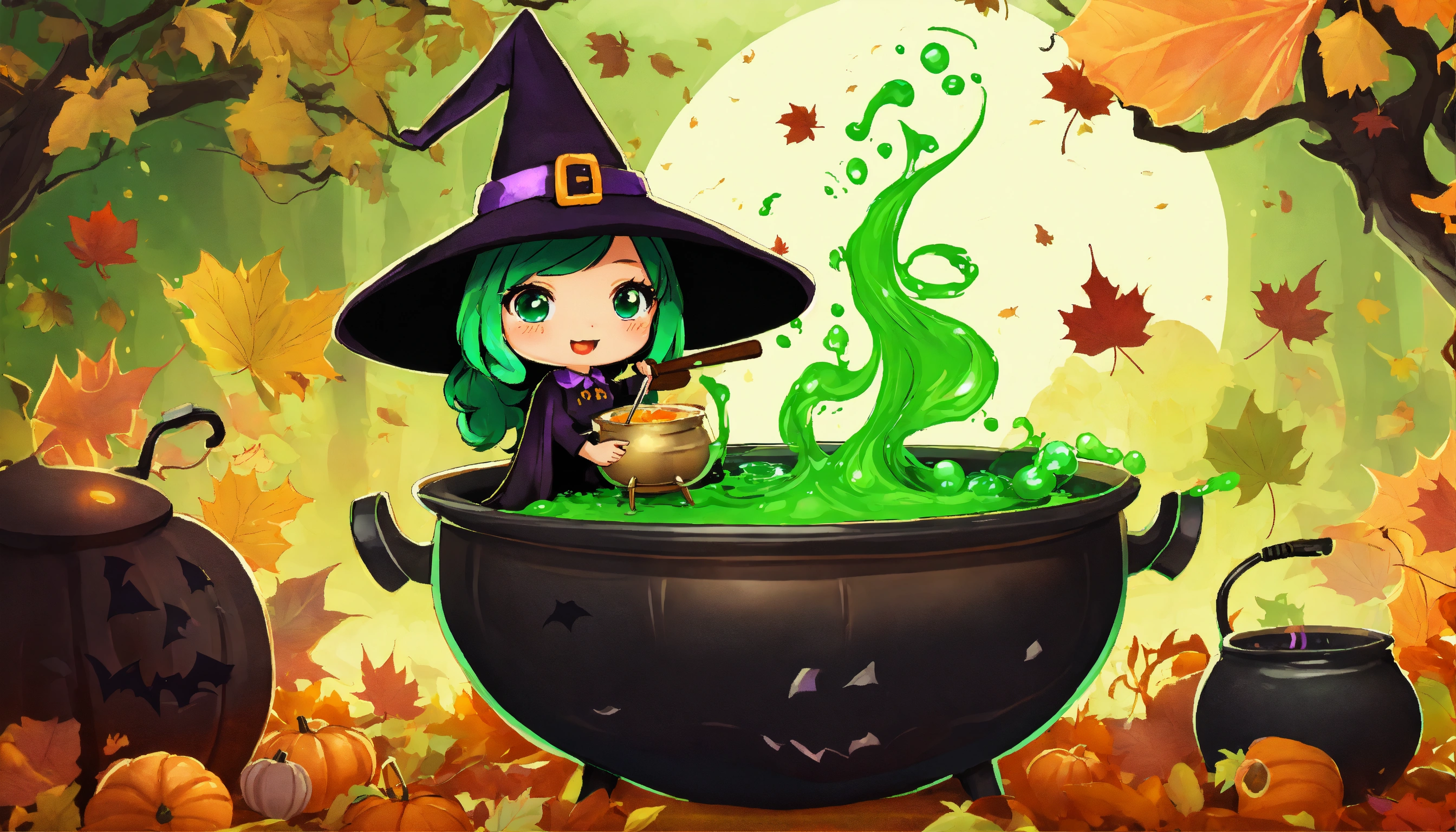 Lexica - Halloween chibi witch cooking green goo in cauldron detailed ...