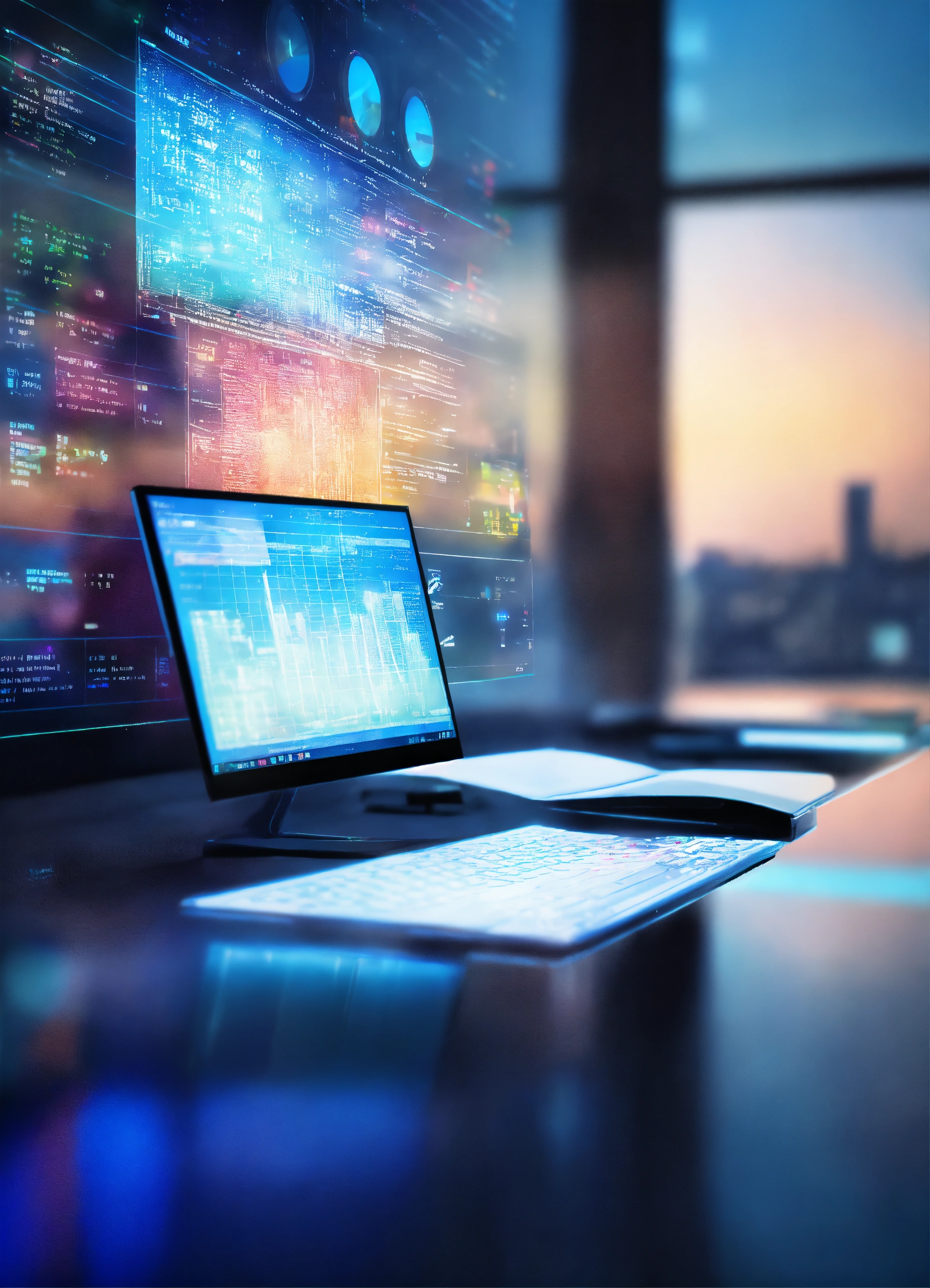 Lexica - A full transparent computer screen with business data, behind standing a business man ...