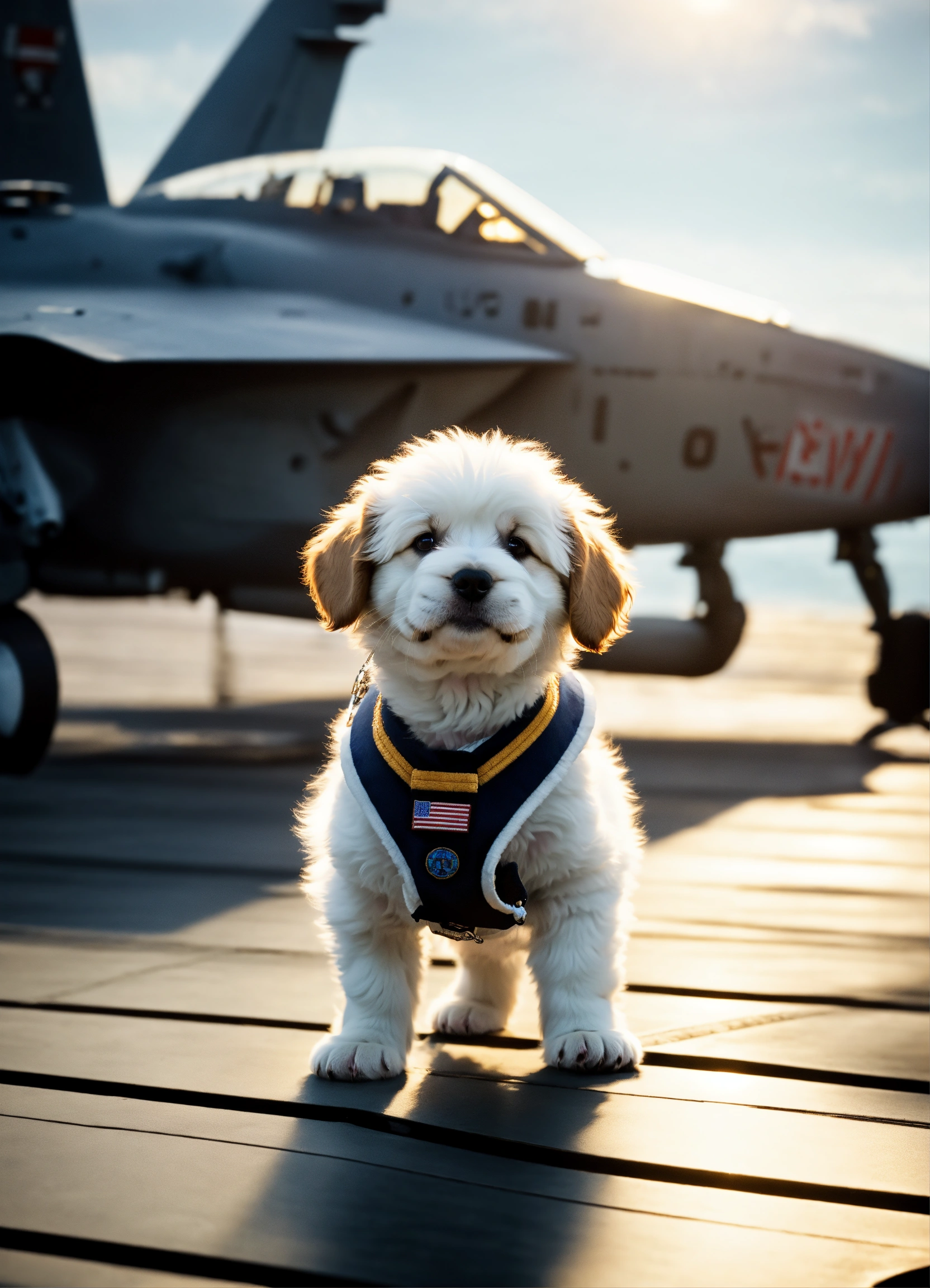 Lexica - A cute fluffy puppy captain walking on a military aircraft ...