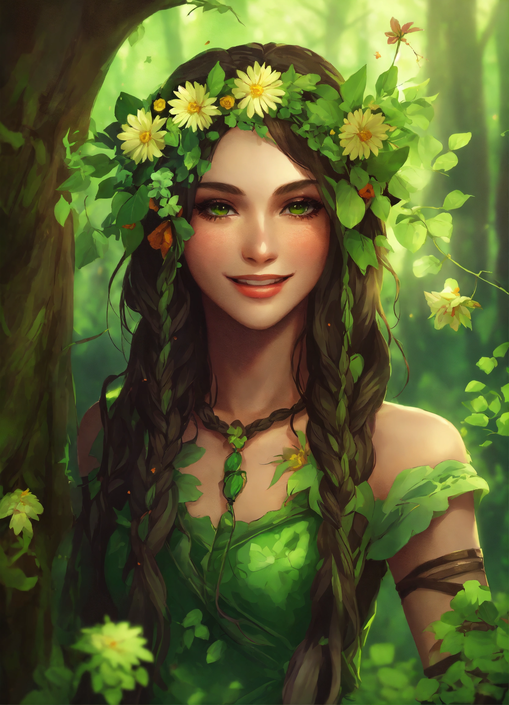Lexica - Green skin dryad girl, long dark braided hair, smile, flowers ...