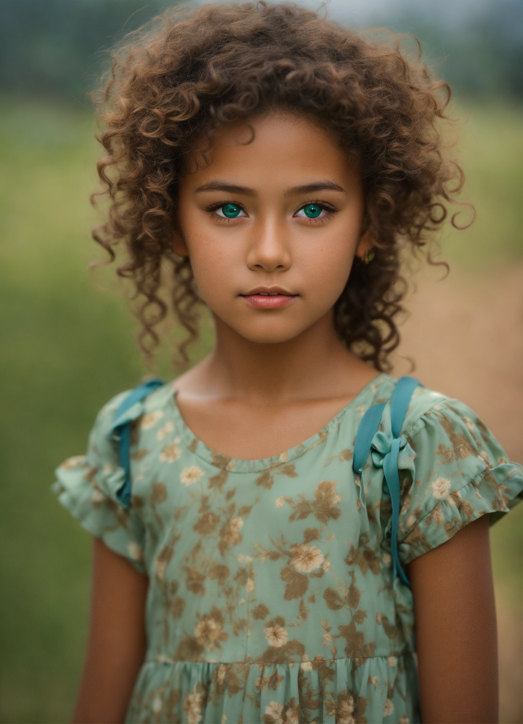 Lexica - A female, child, sandy brown skin, curly long brown hair, blue ...