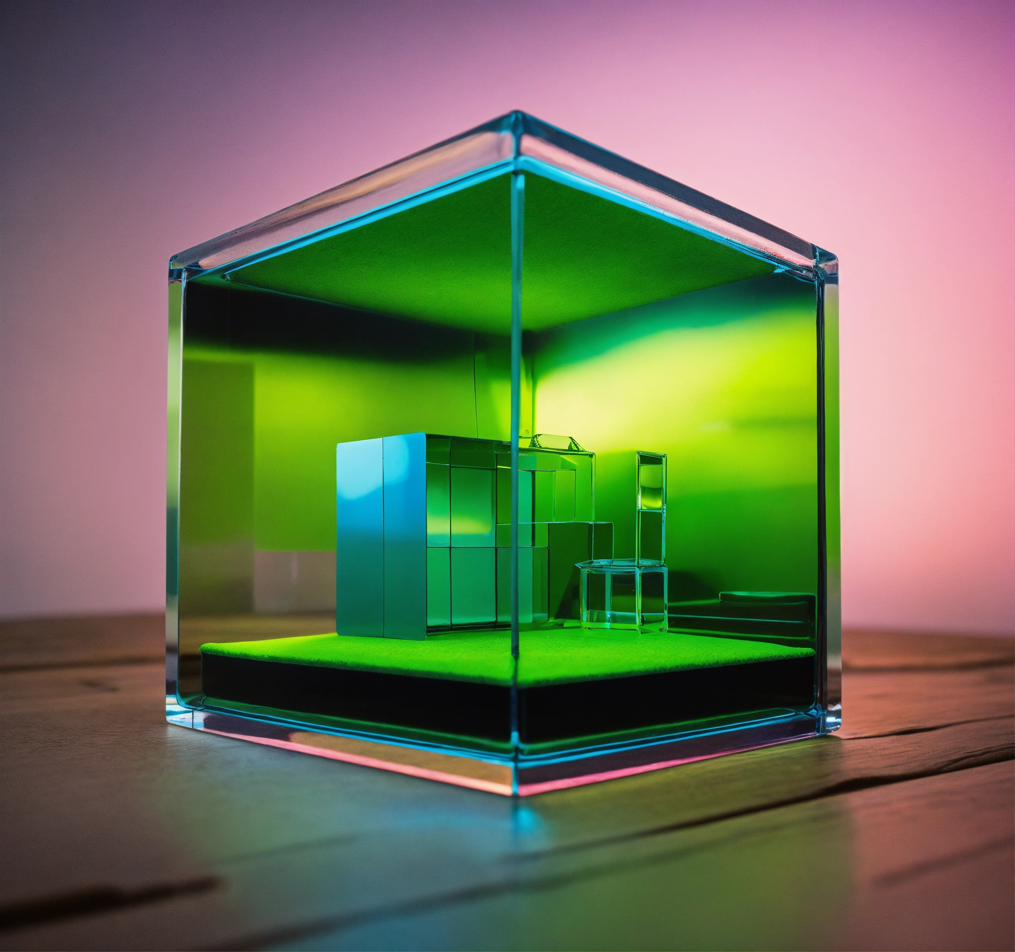 Lexica - Cube, 4k, small house inside cube!, clear glass, iridescent, studio photography, solid ...