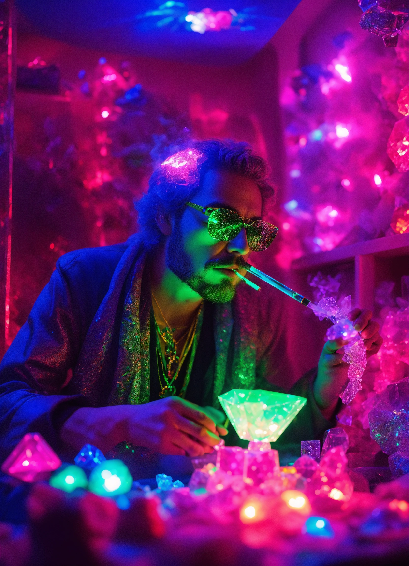 Lexica - A crystal man smoking crystals in a crystal pipe in a DMT ...