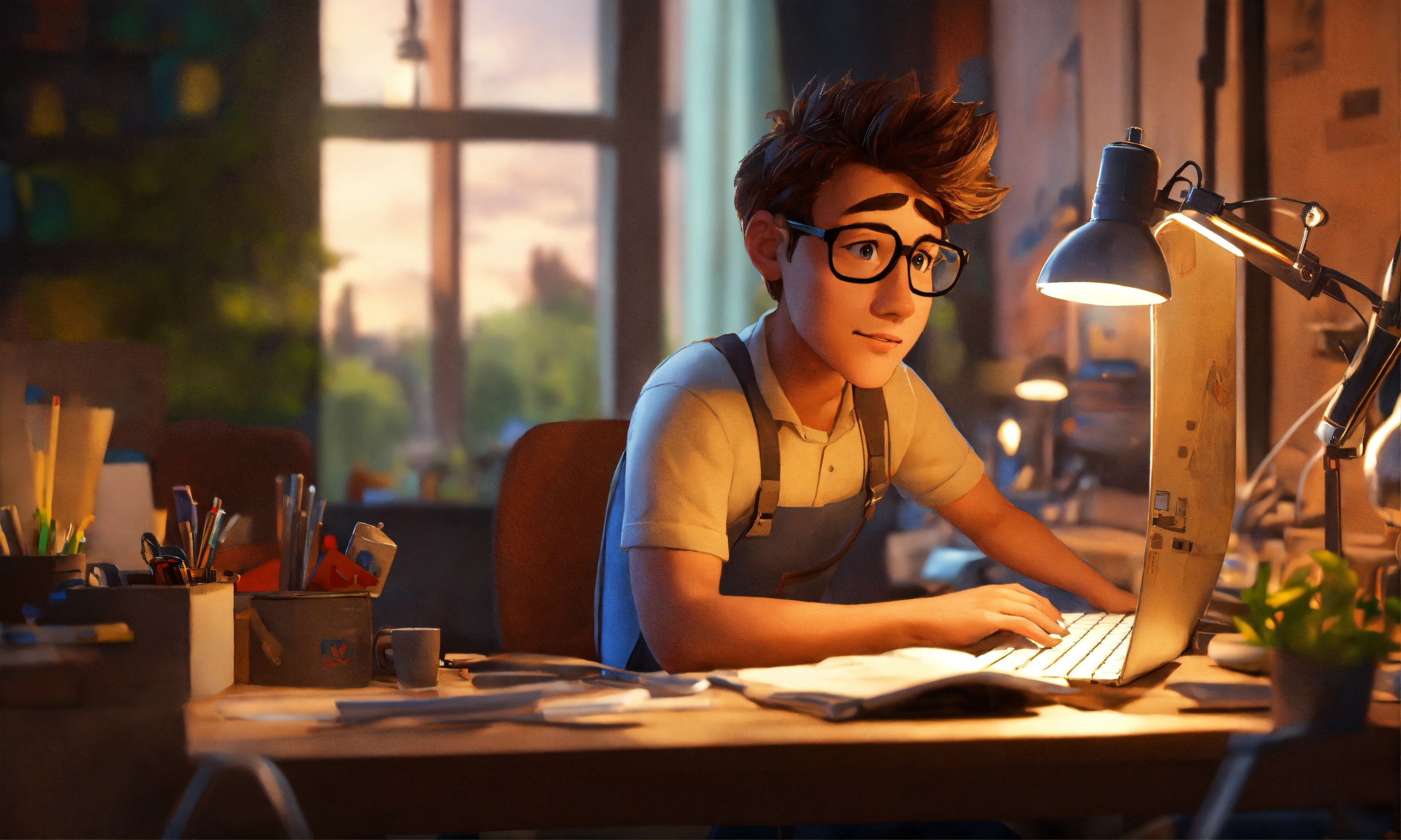 Lexica - Generate a Disney Pixar style image, man working hard in front ...
