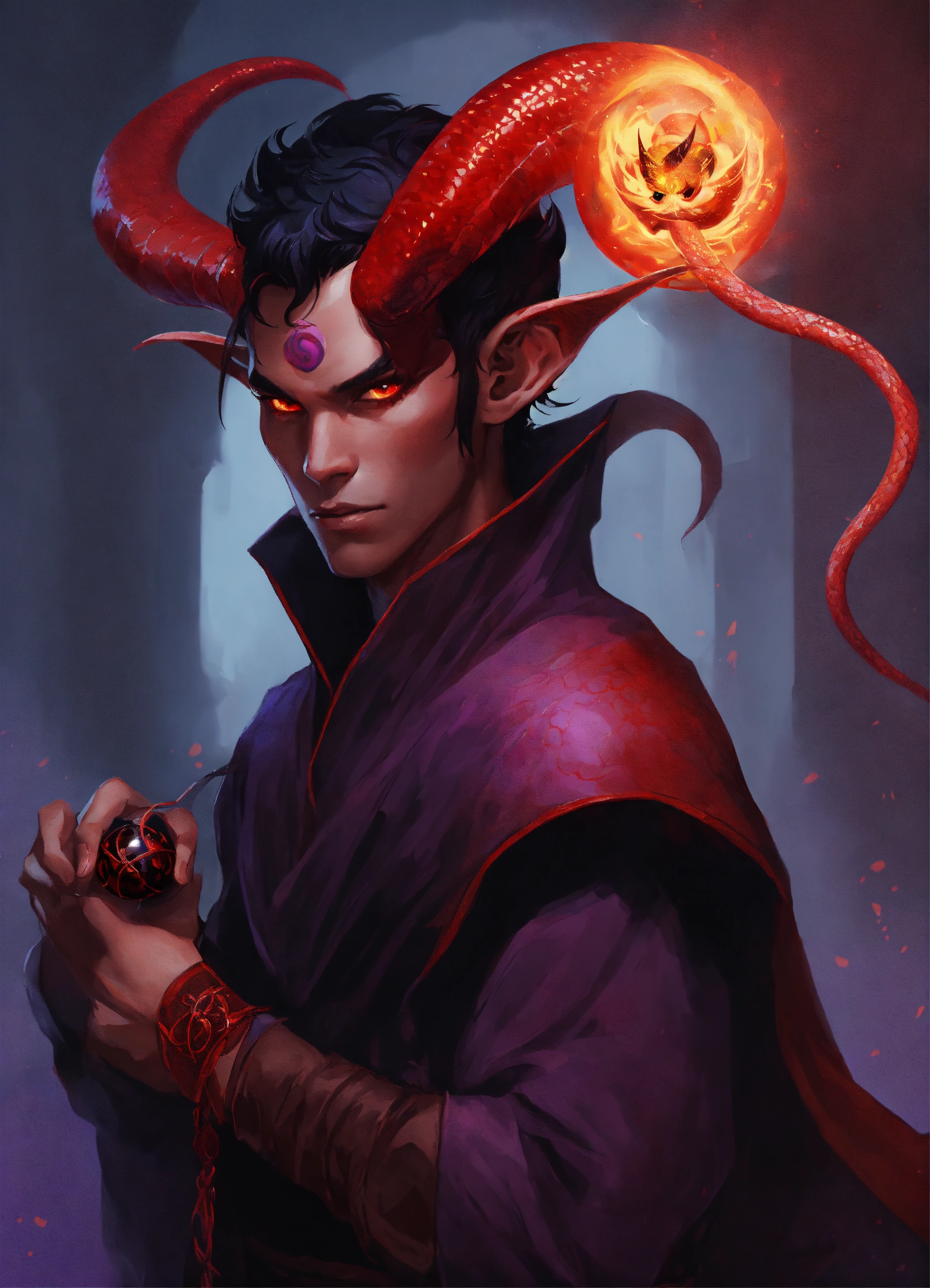 Lexica - A D&D Tiefling with pale RED skin and red snake like eyes. He ...
