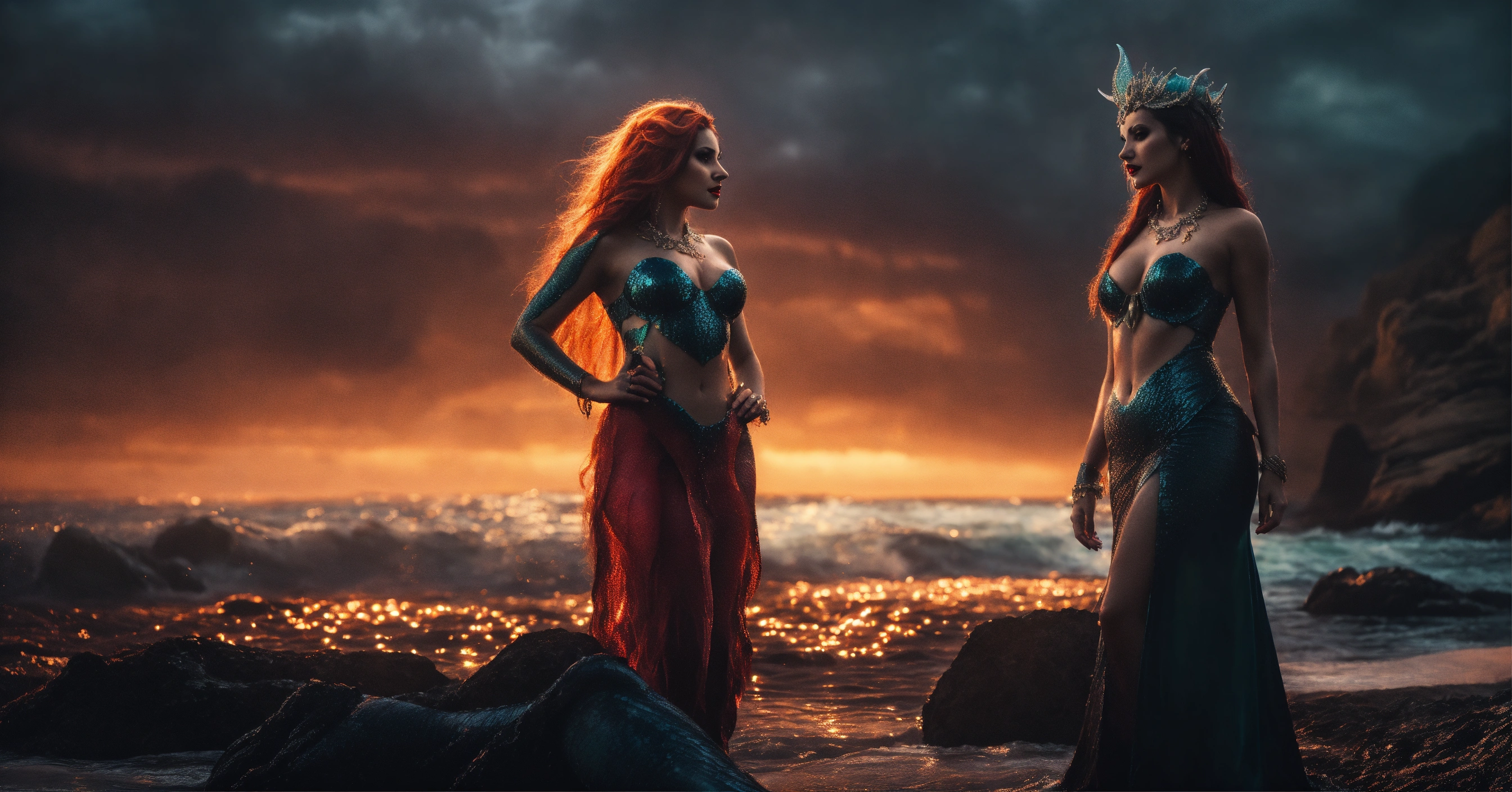 Lexica - Create a 4k detailed photo of two evil sleek mermaids staring at each other. dramatic ...