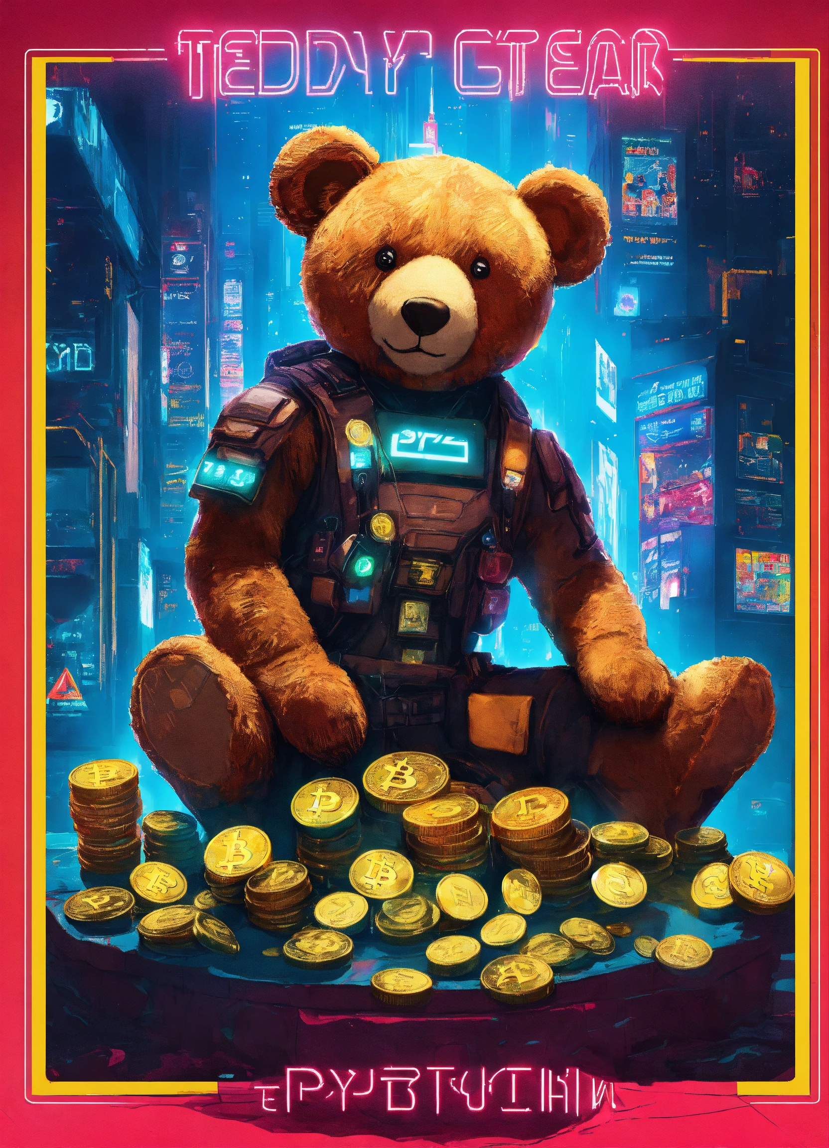 Lexica - Cyberpunk advertising poster of teddy bear , surrounded by ...