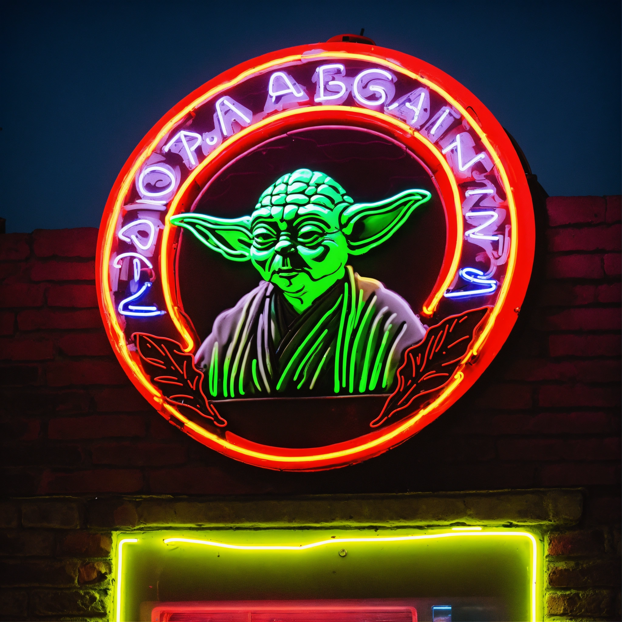 Lexica - A rounded neon sign with Master Yoda and ganja leaf on it ...