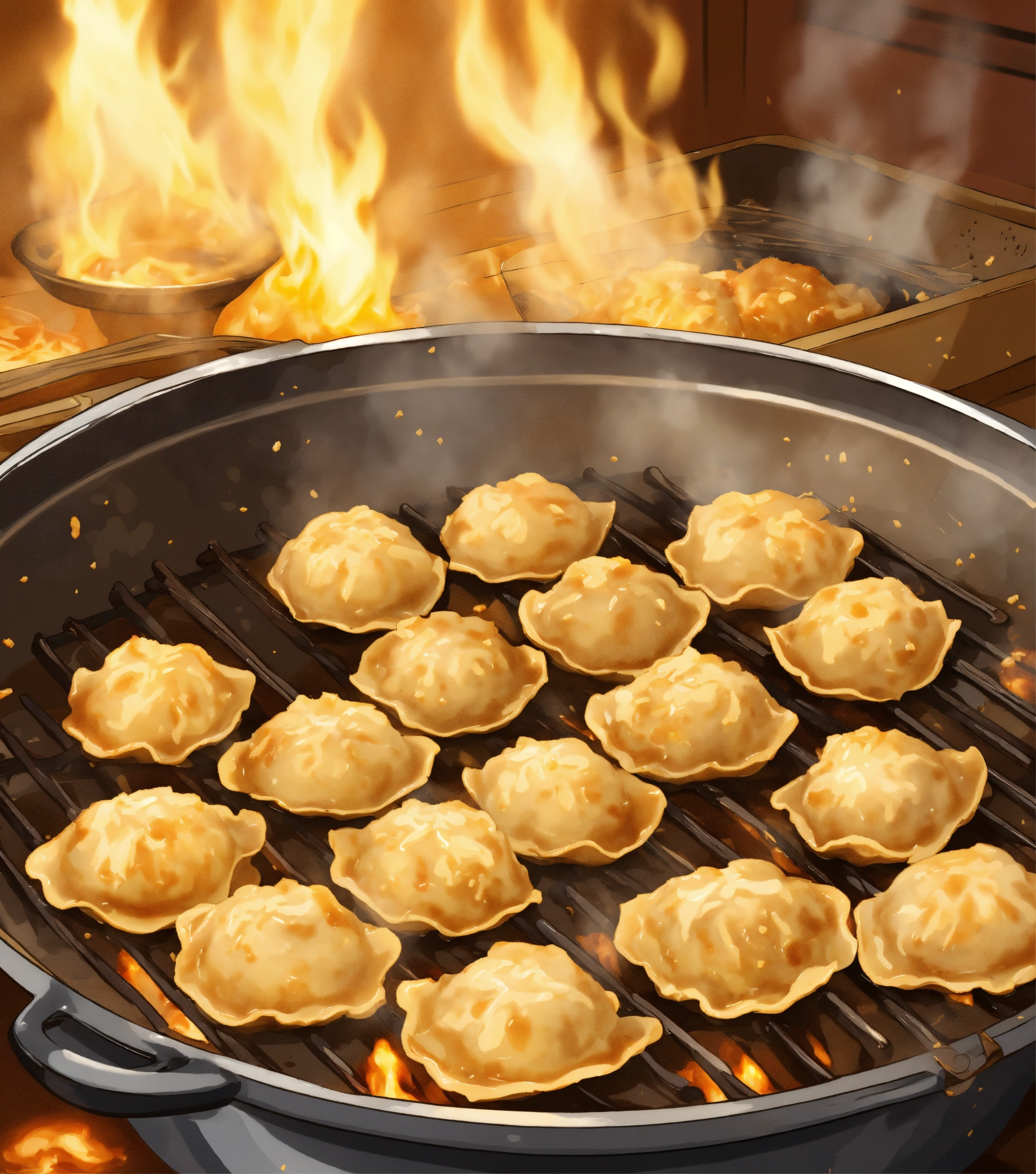 Lexica - A very funny cartoon illustration of Fried dumplings sizzling ...