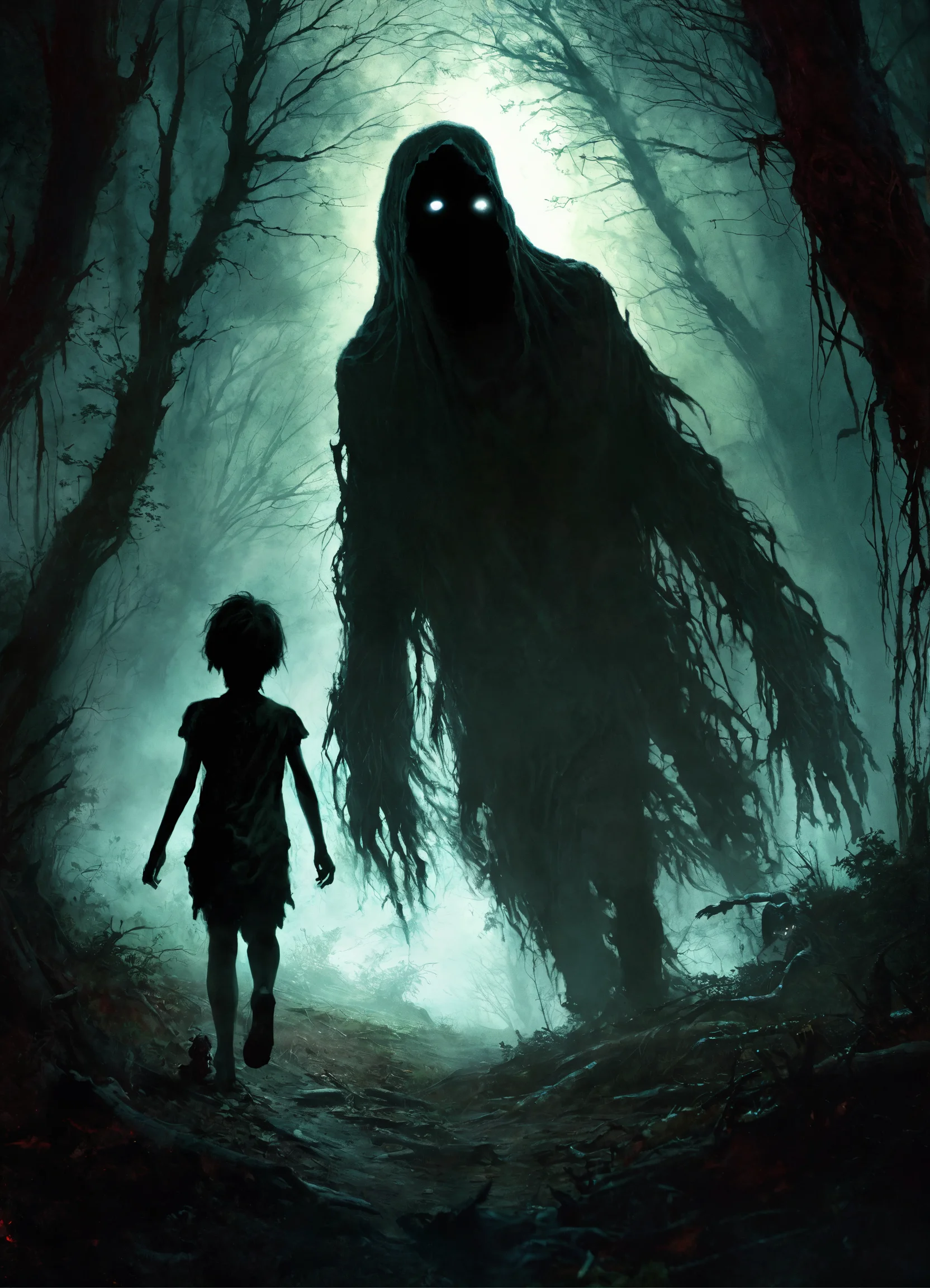 Lexica - Creepy looking ghost in dark forest, boy looking in front of ...
