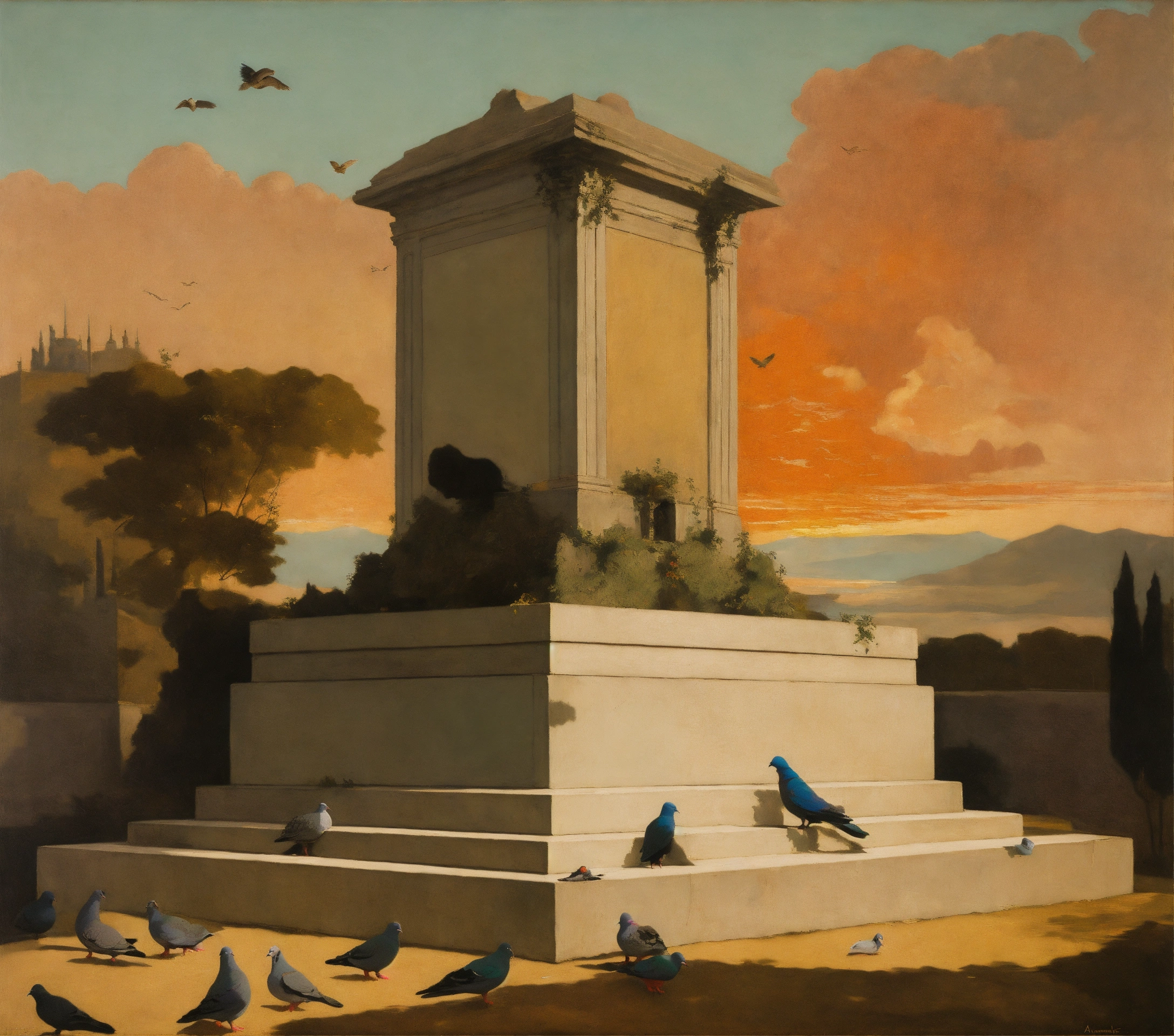 Lexica - Landscape with one pigeon hugging one cat on a huge tomb of ...