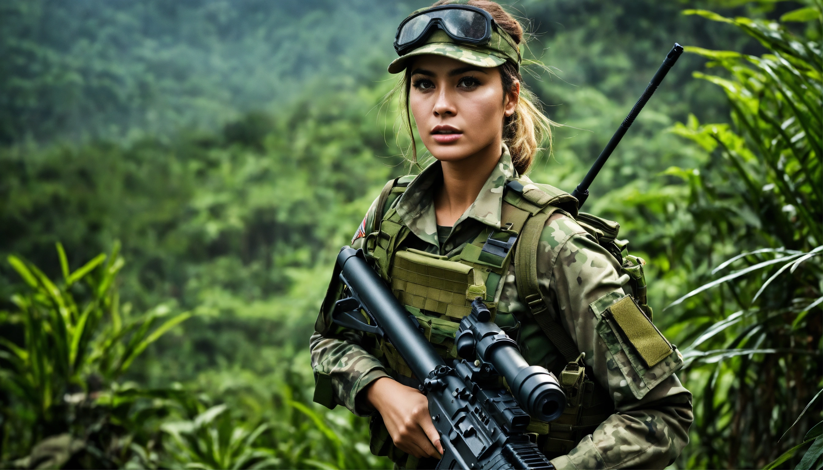 Lexica - Female commandos in jungle, perfect face, full camouflage, HDR ...