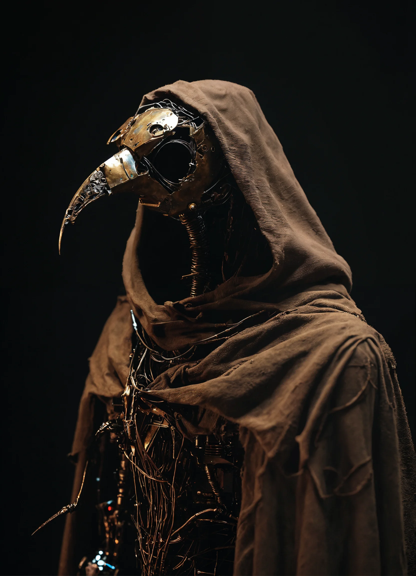 Lexica - Robot, bronze metal bird mask, realistically scary eyes, wires ...