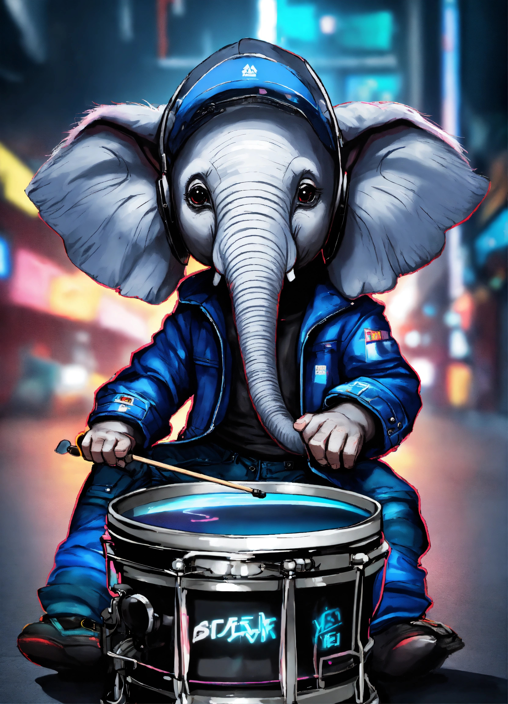 Lexica - Cute baby elephant cyberpunk hacker playing drums with blue ...