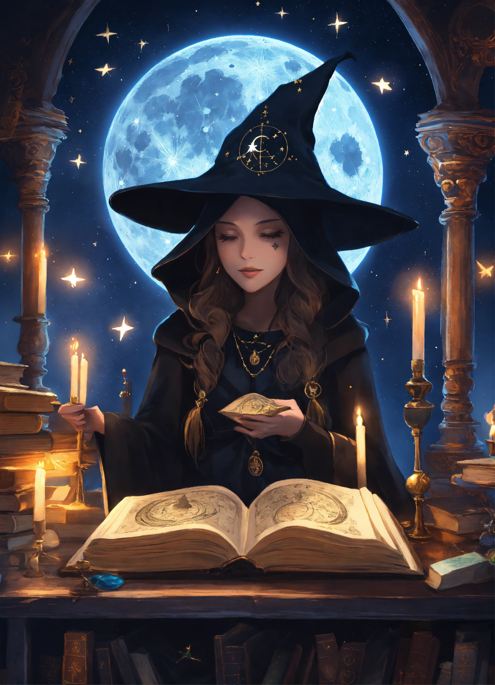 Lexica - Mysterious witch wearing a black hat and cloak, studying an ...