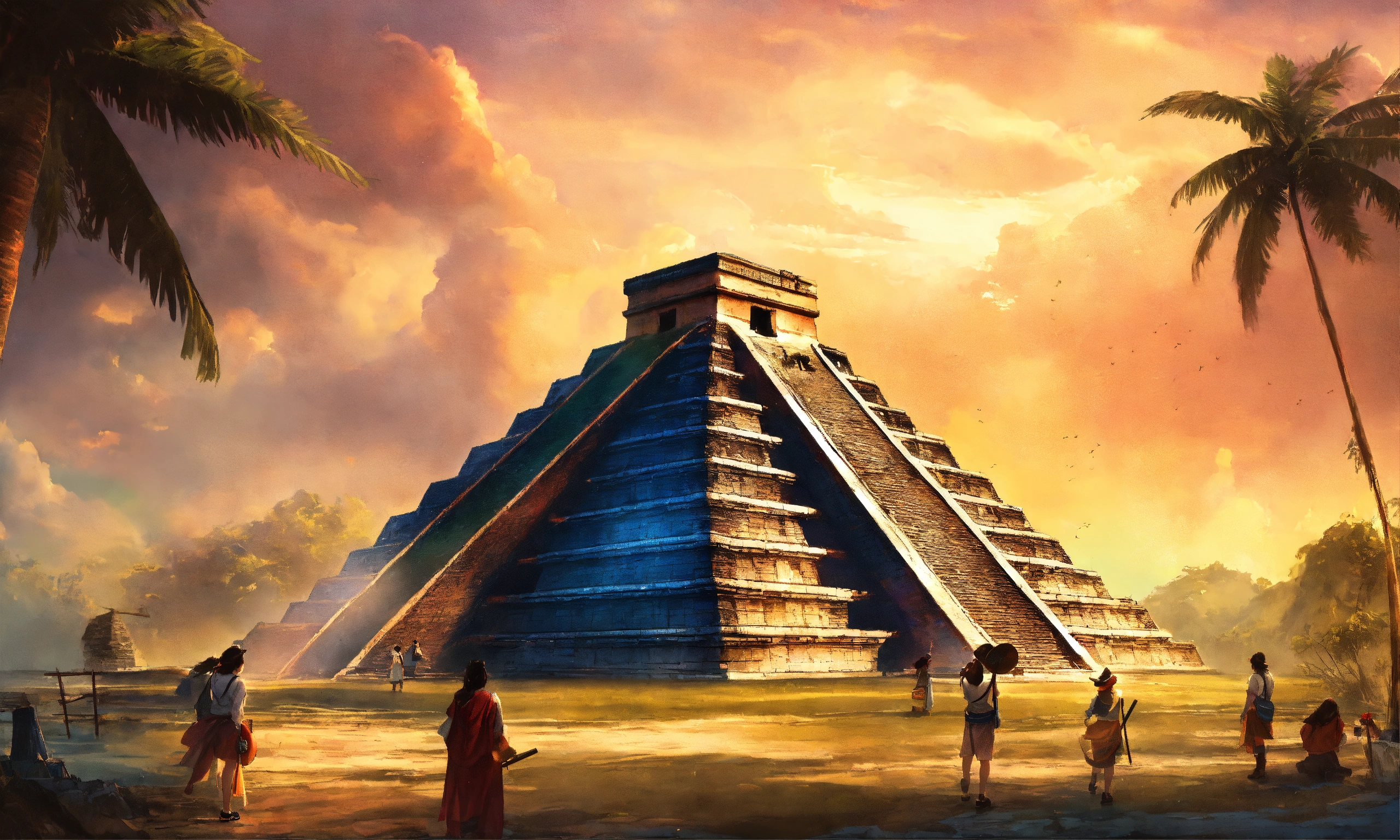 Lexica - Mayans building a pyramid with magic technology