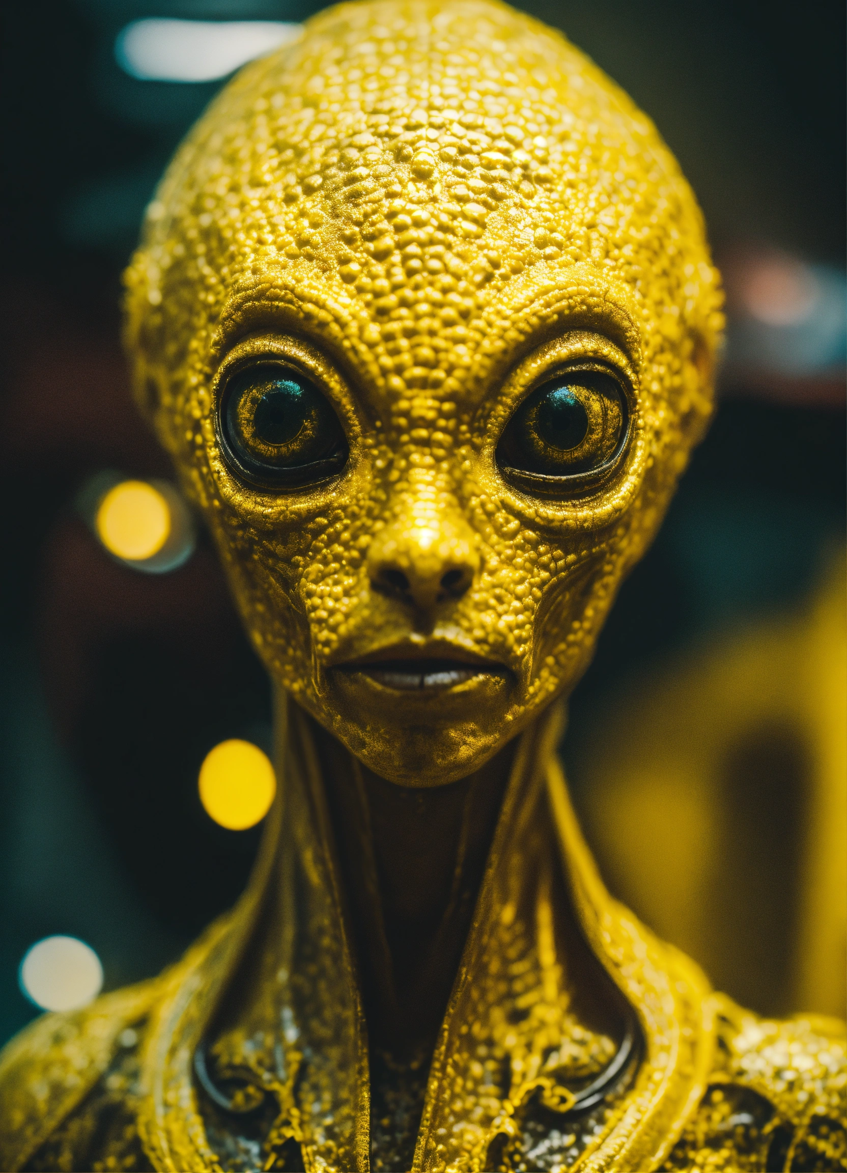 Lexica - Wise realistic alien, yellow skin, big eyes, intricate, sharp ...