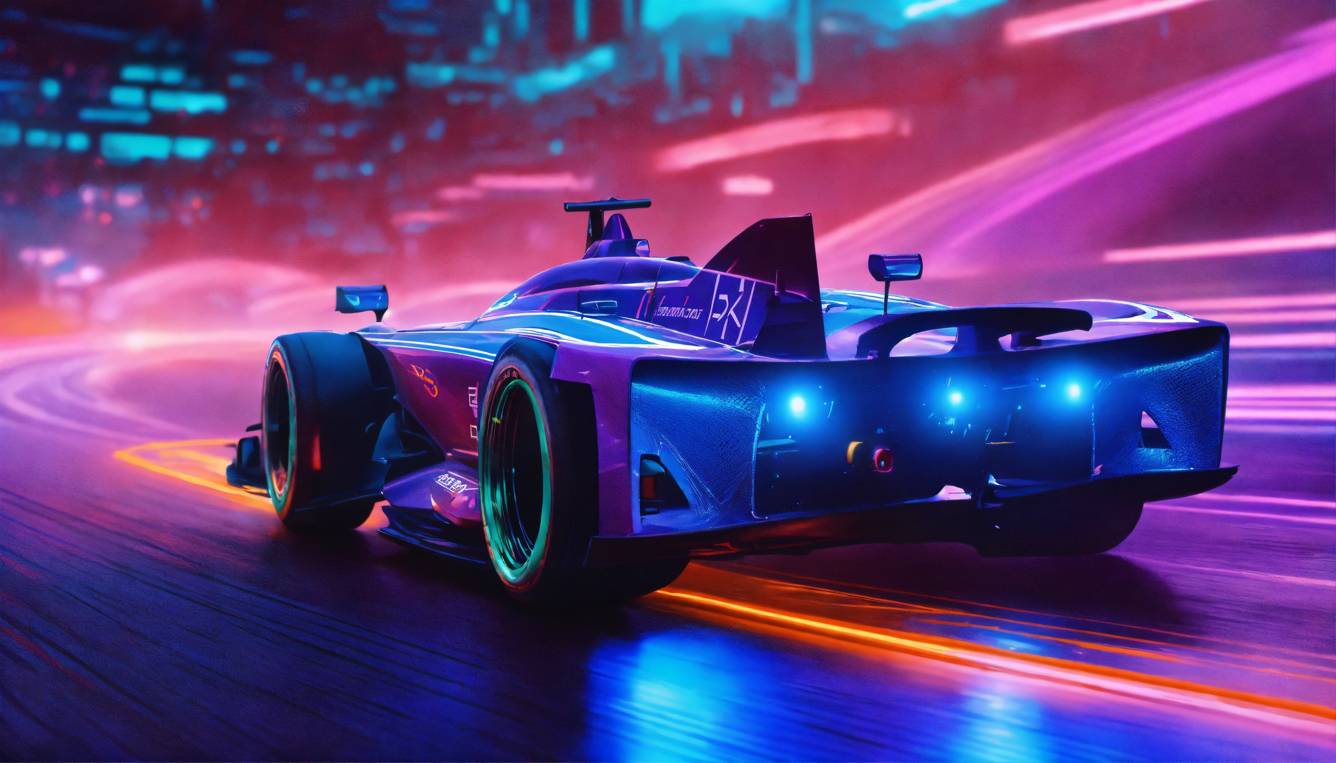 Lexica - Back view of a futuristic formula 1 traveling through neons at ...