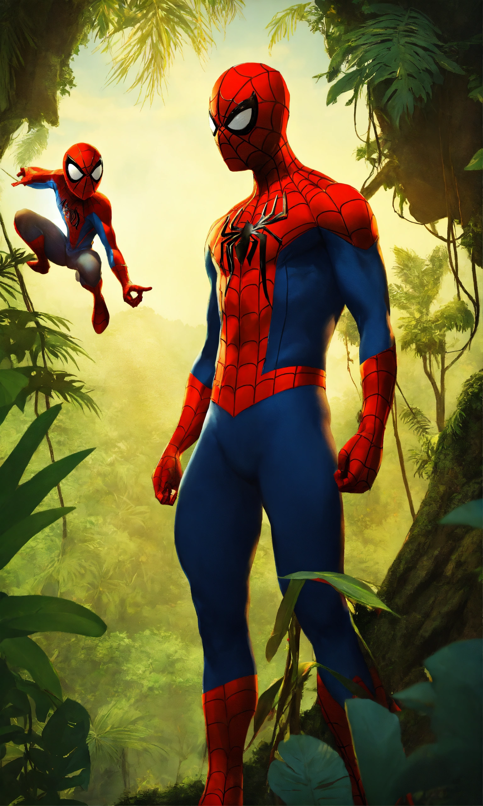 Lexica - Spiderman with Monkey in the Jungle, 2D render, full-body view ...