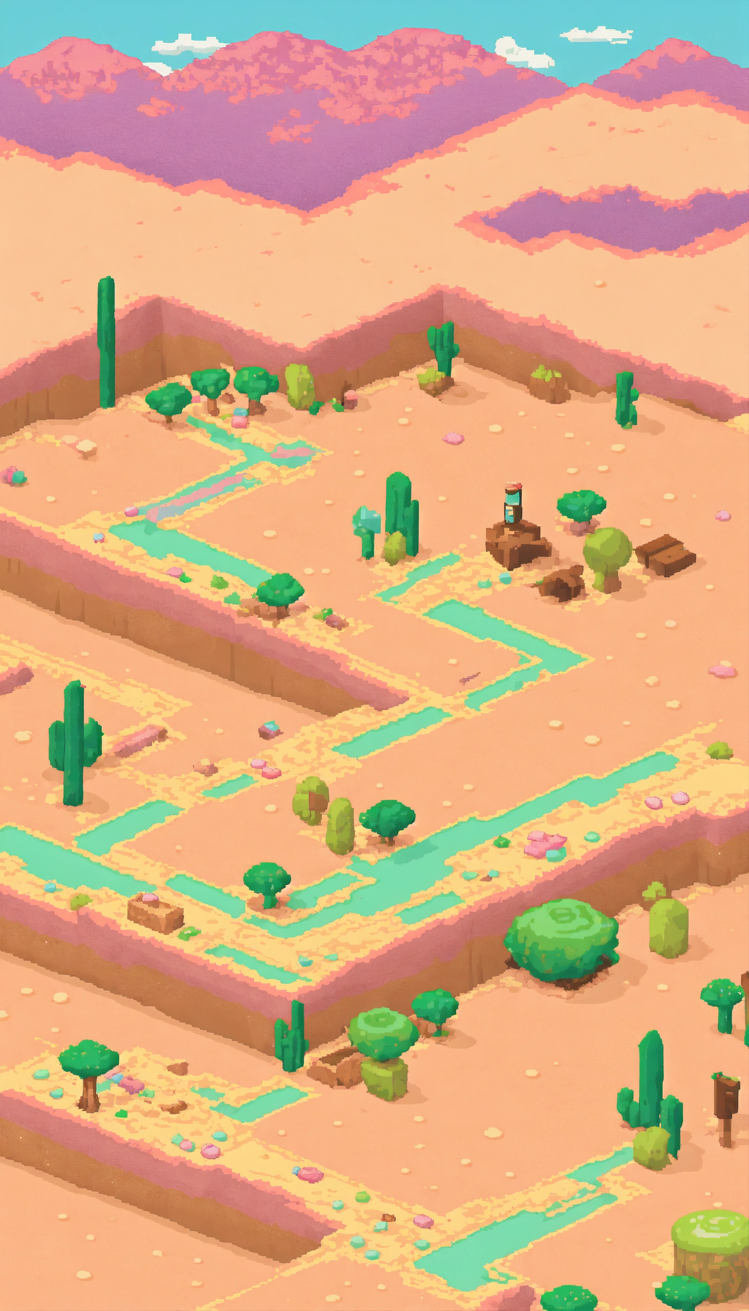 Lexica - Empty pastel overhead flat candy themed desert pixel sprite map.