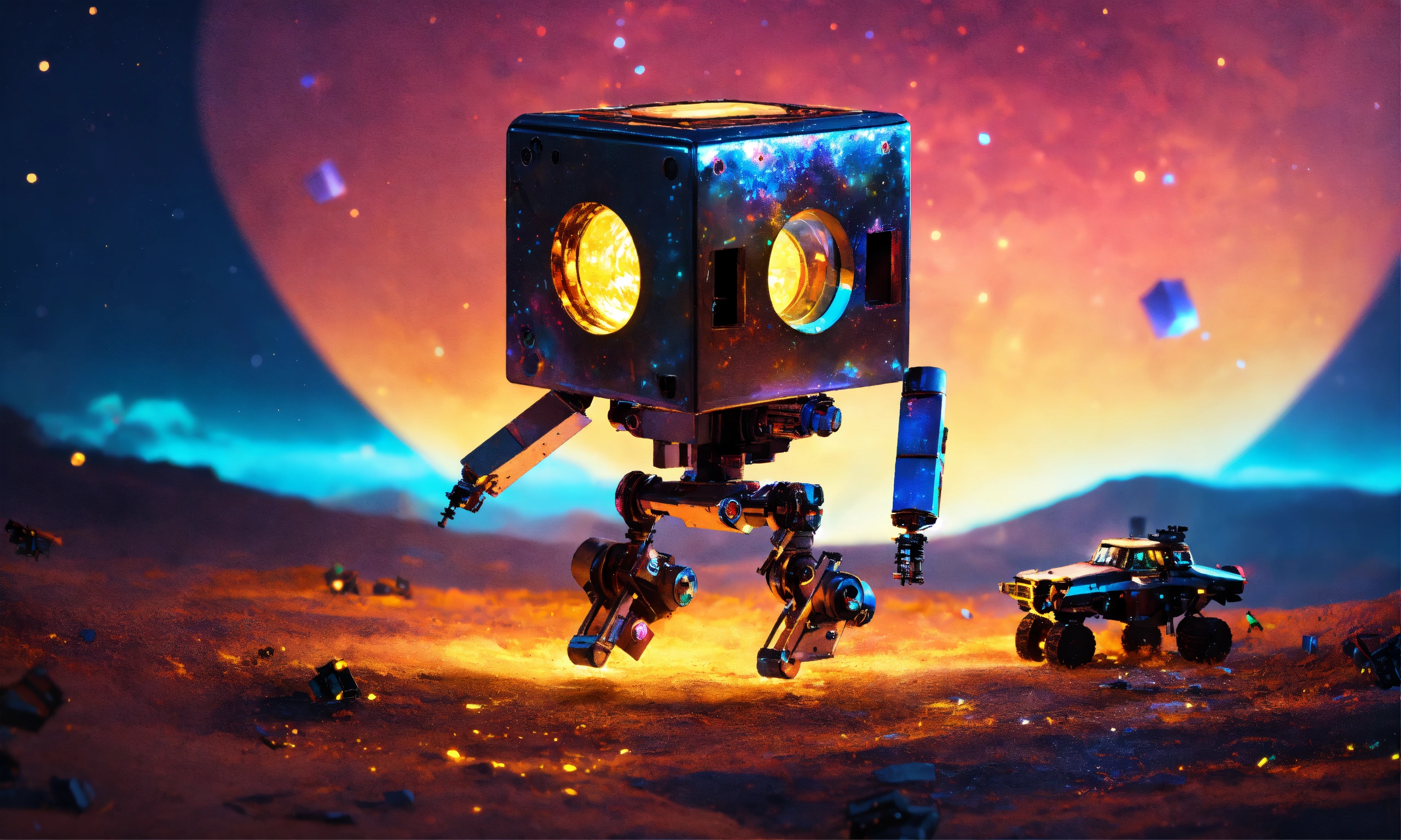 Lexica - Small floating polished steel cube bot with 2 round lights on ...