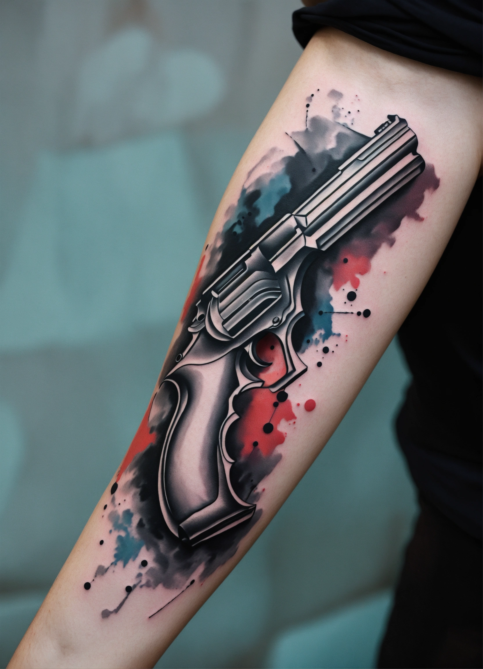 Lexica - Black grey abstract gun arm tattoo