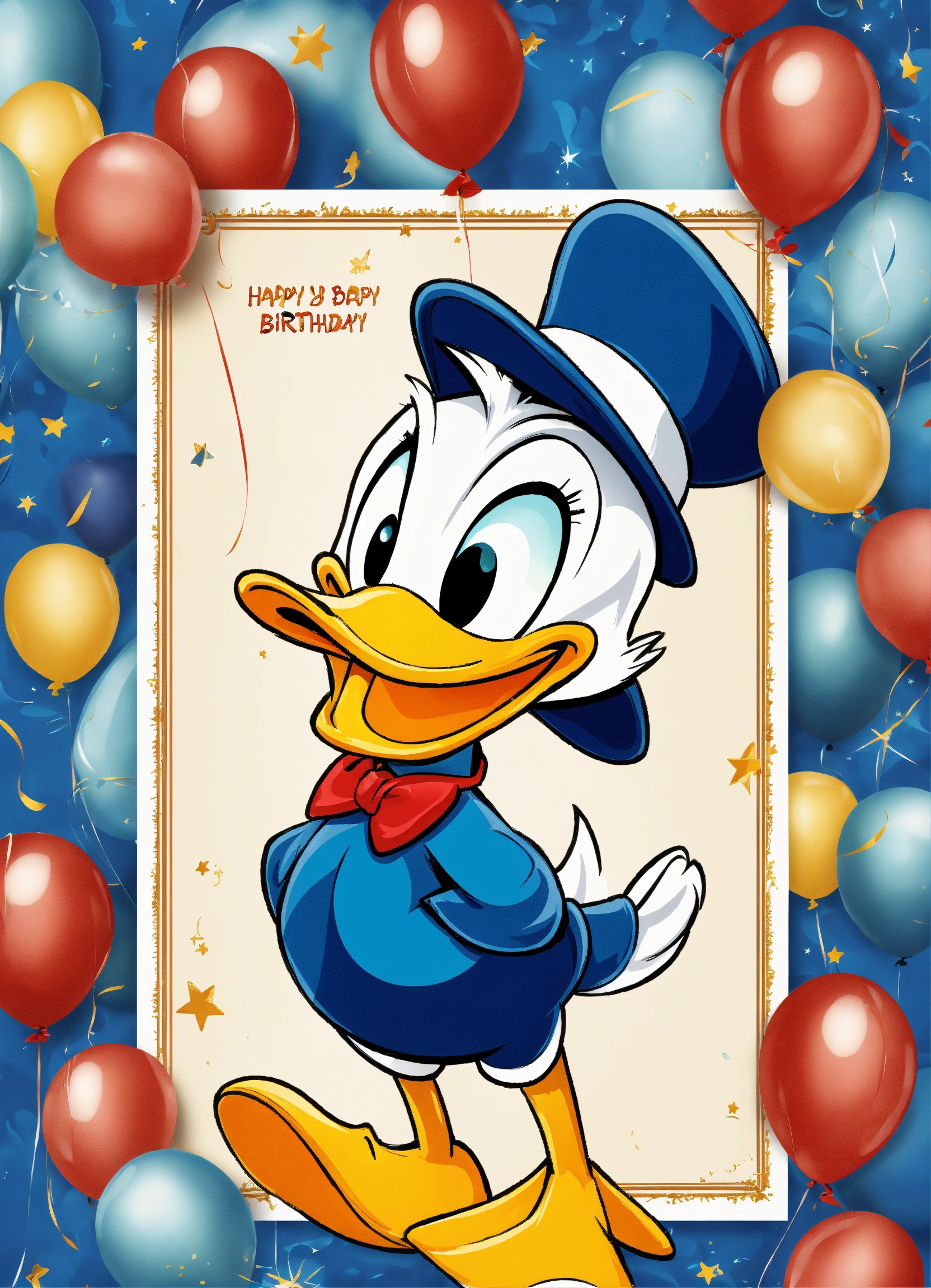 Lexica - A joyful blue-themed Donald Duck birthday party invitation card.