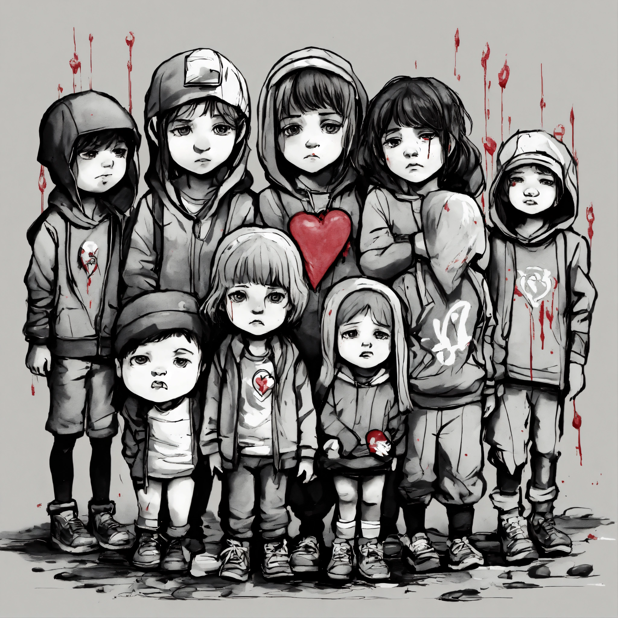 Lexica - Please generate a drawing of a big group of sad children and ...