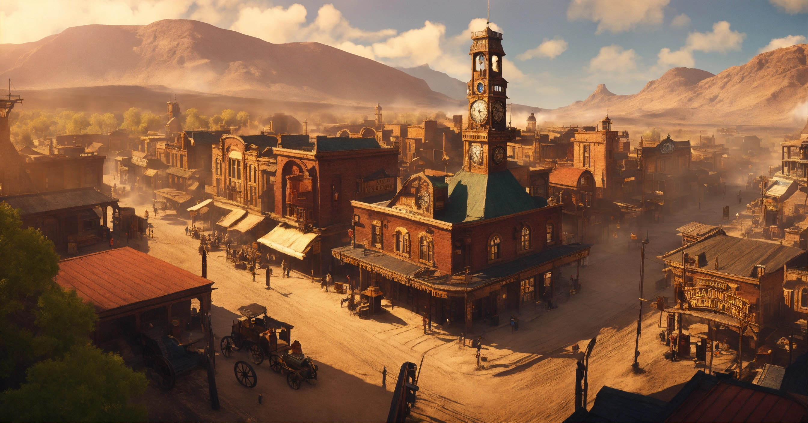 Lexica - Wide shot from above of a steam punk town in a wild west ...