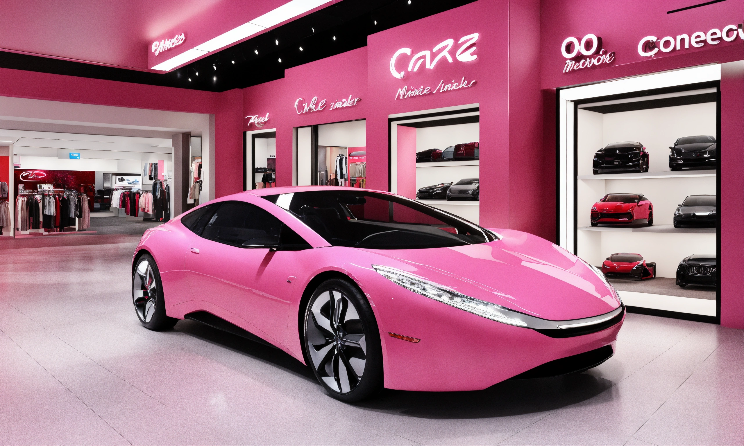 Lexica - Indoor, inside mall, small store, car rental store, pink car ...
