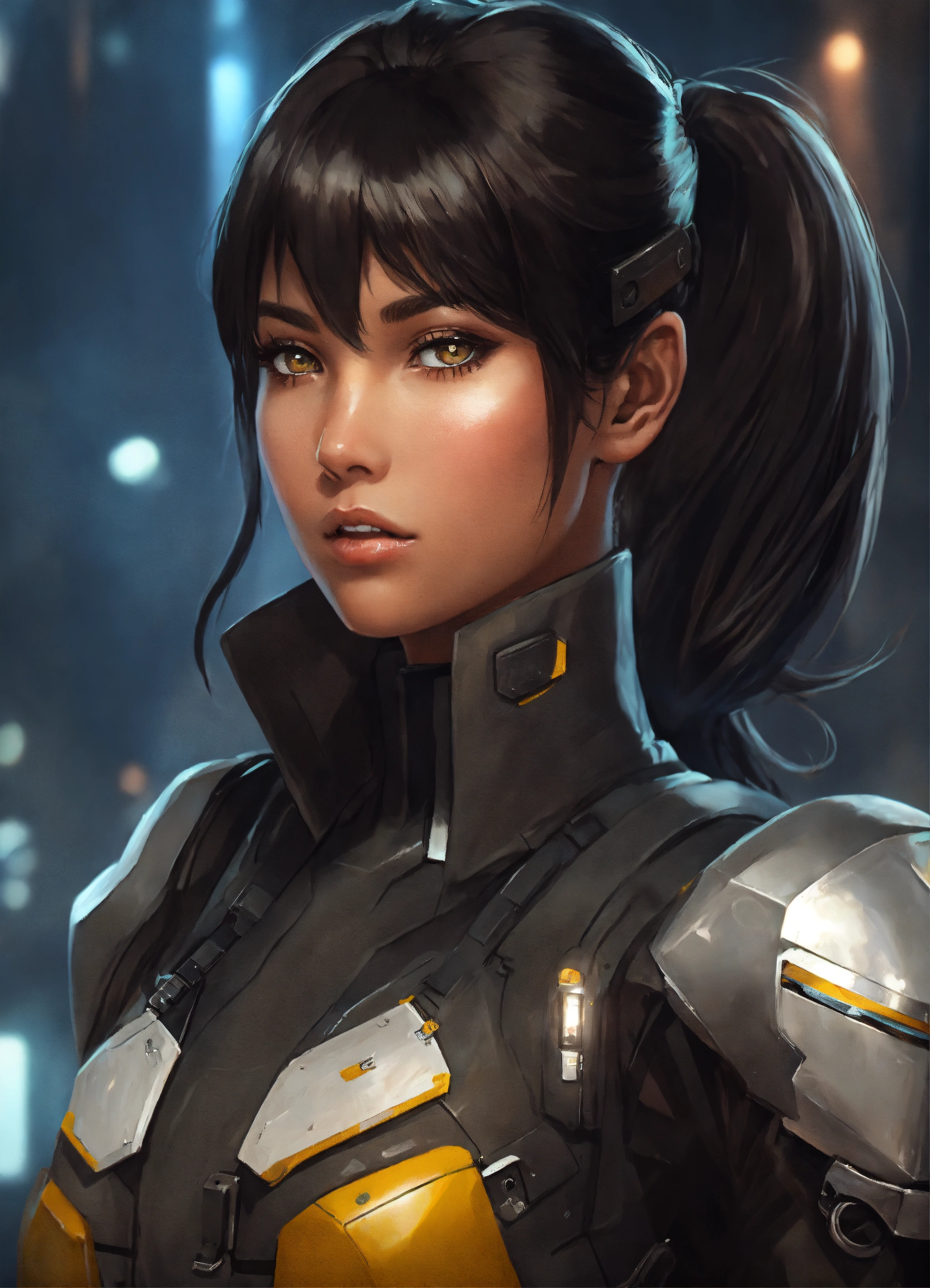 Lexica - Carmel skin, jet black hair, long pony tail with bangs, female ...