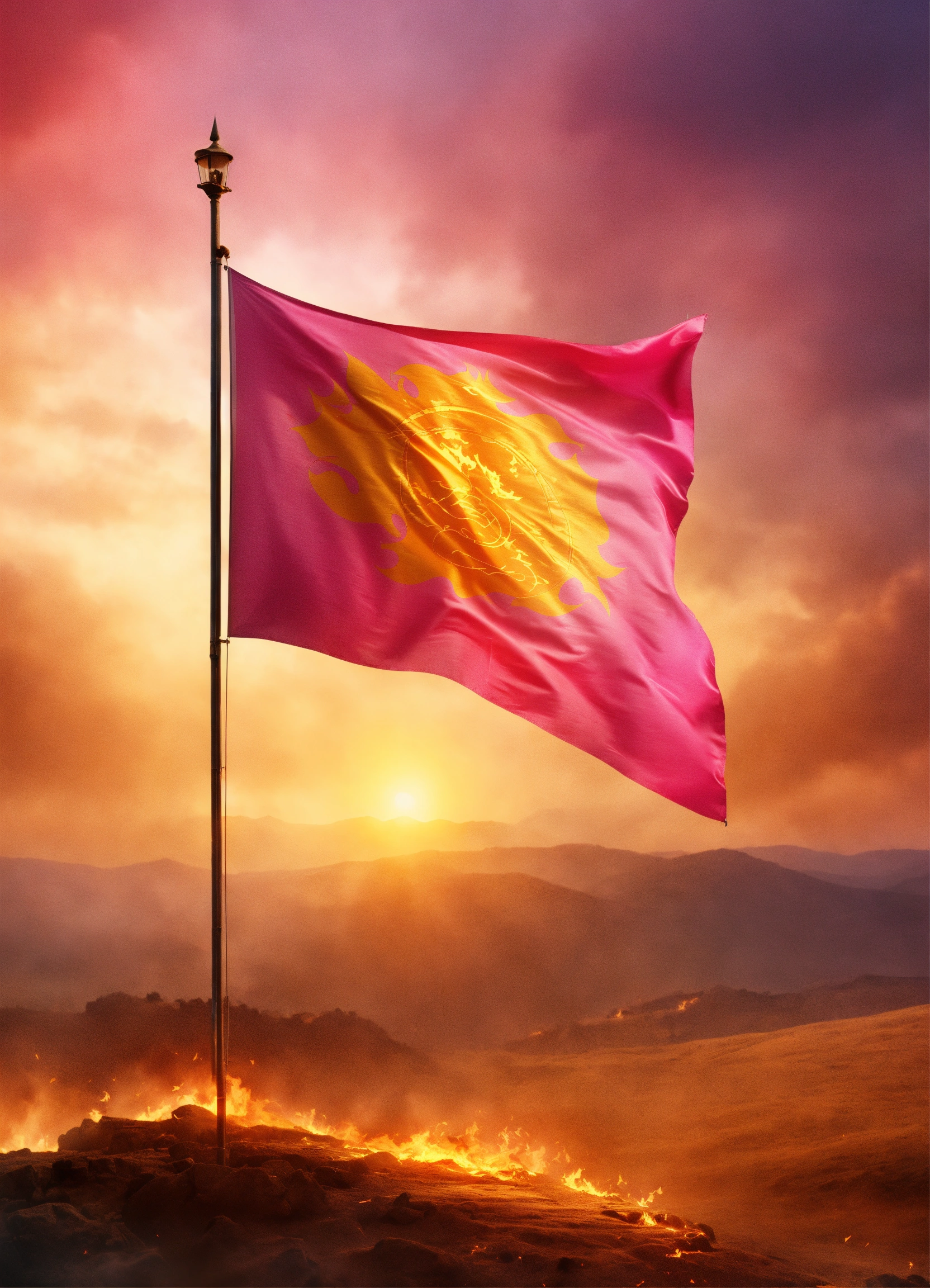 Lexica - A gold orange and pink fire flag, medieval, banner on a ...