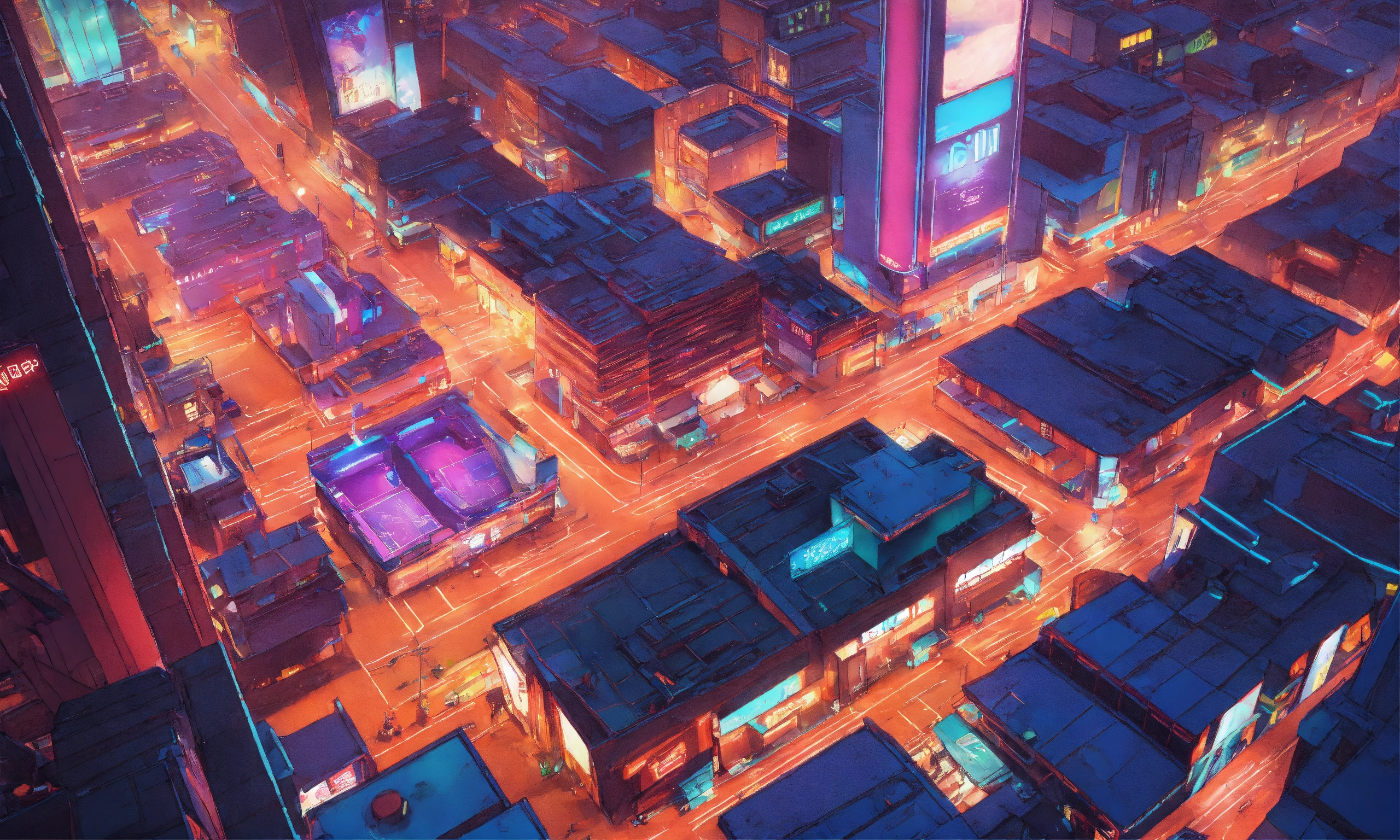 Lexica - 80s anime style, overhead shot of futuristic downtown streets