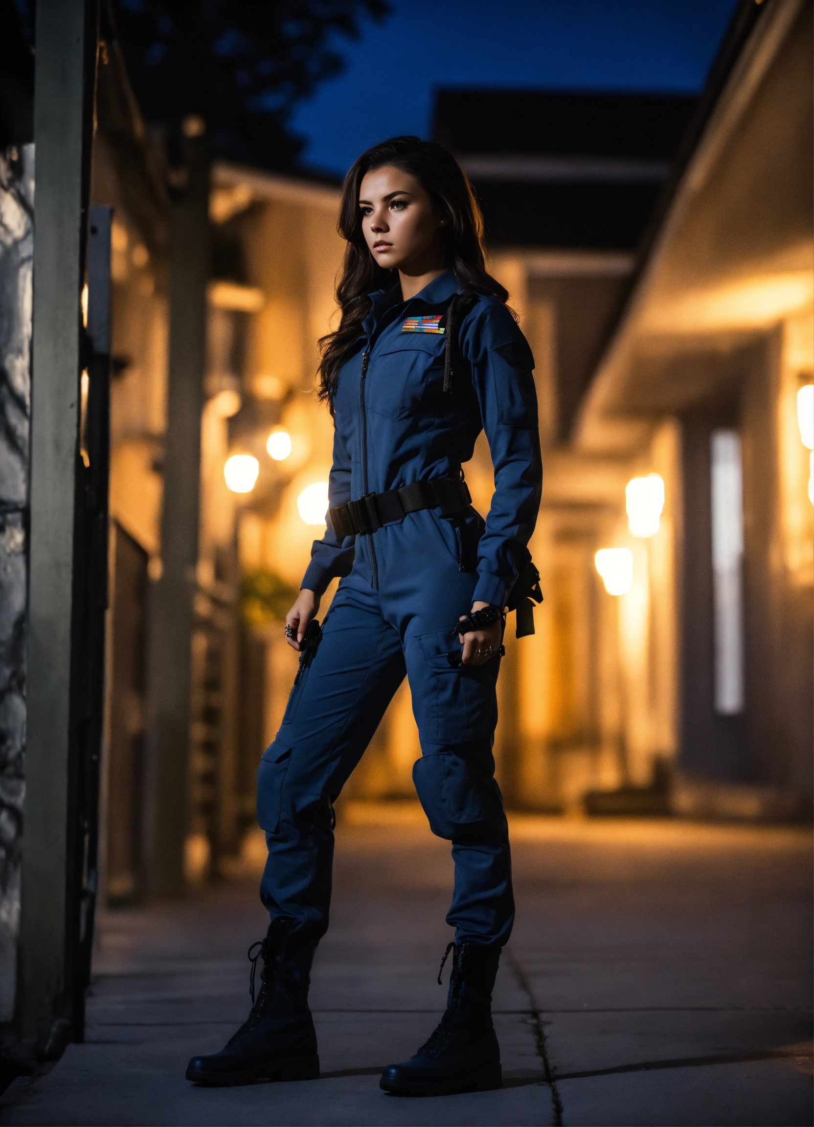 Lexica - A beautiful brunette military girl, tight combat jumpsuit, no ...