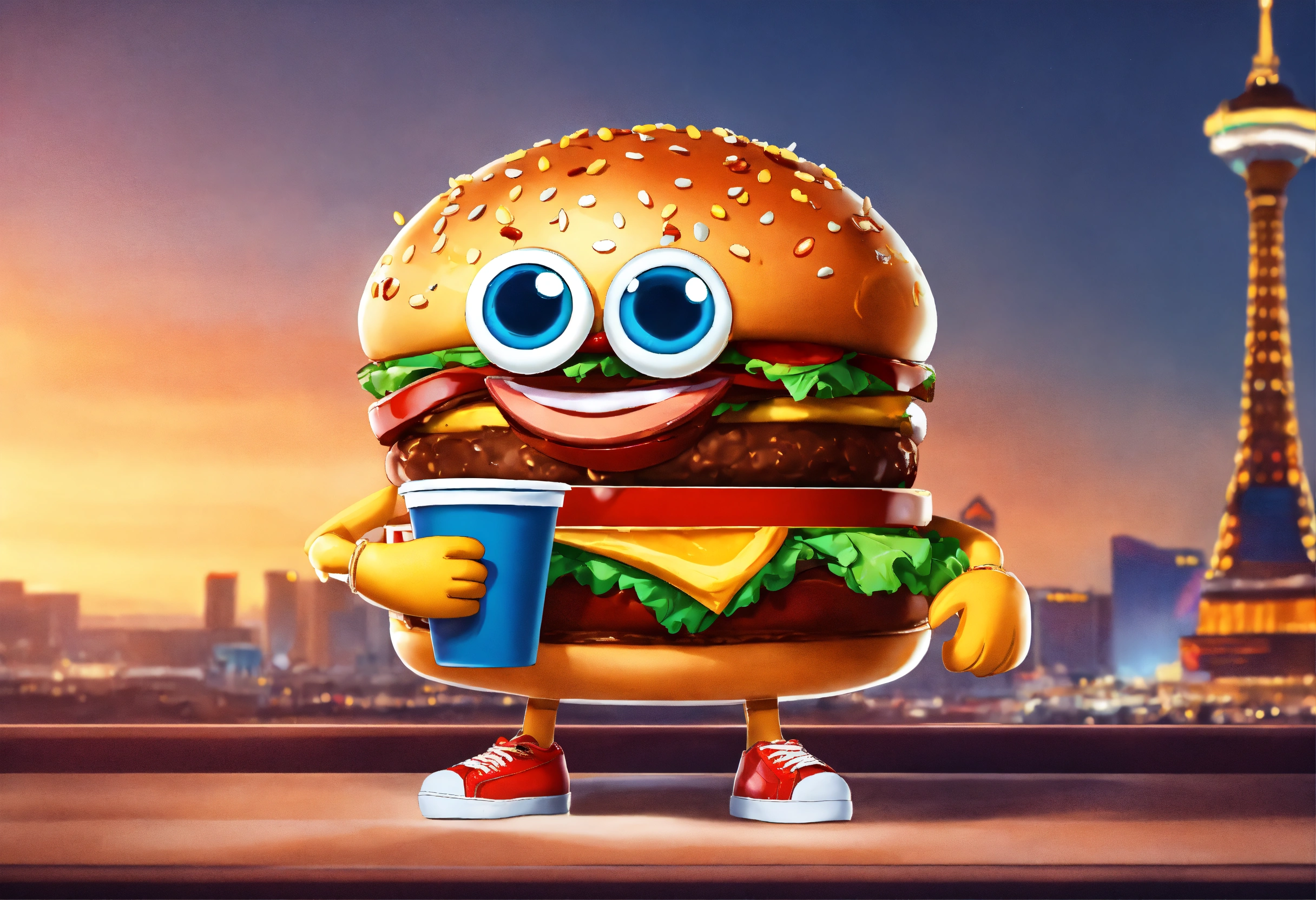 Lexica Cup In Hand Cartoon Character Hamburger With Eyes And Mouth