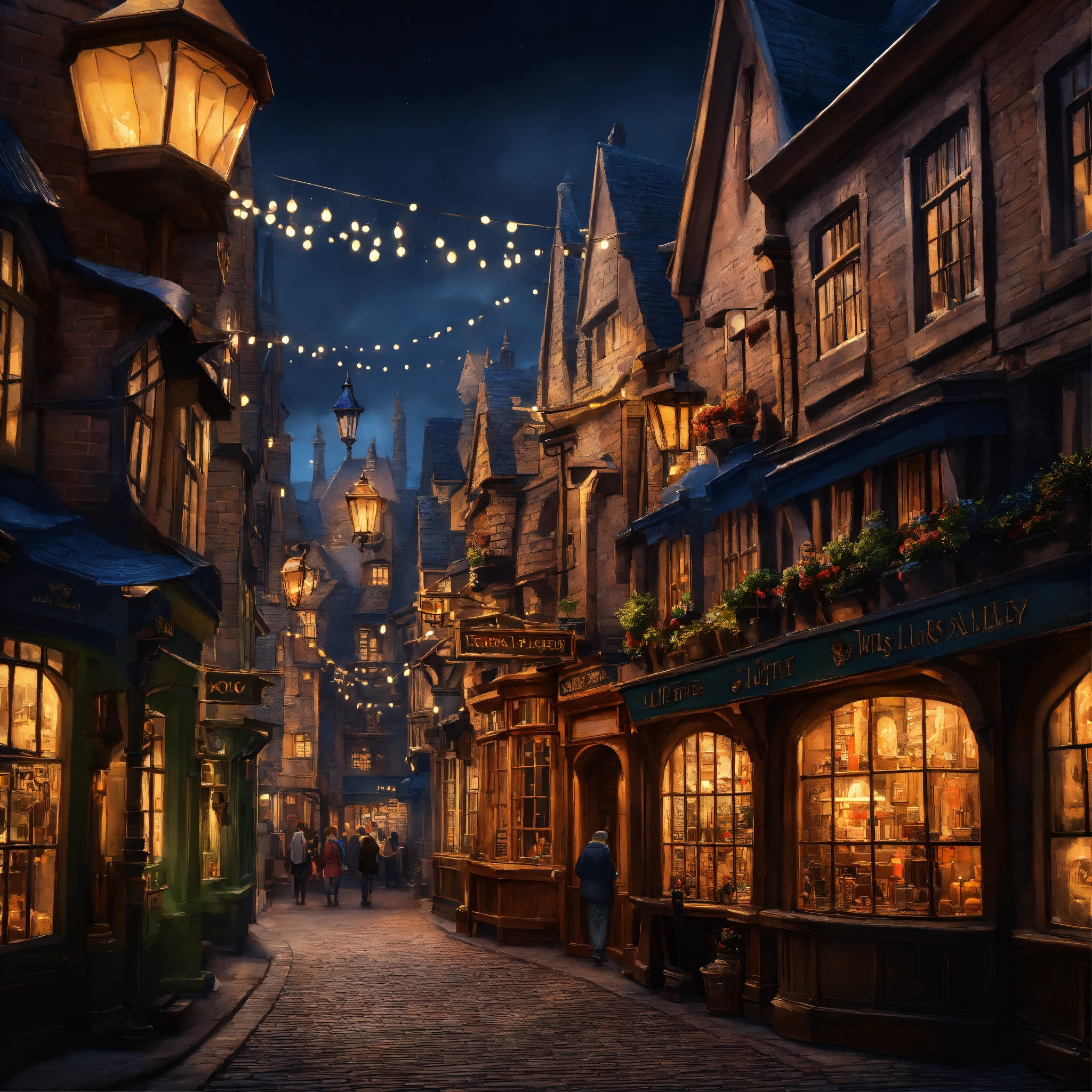 Lexica - Epic beautiful shot of a ultra detailed and ultra cozy Diagon Alley with a magic shops ...