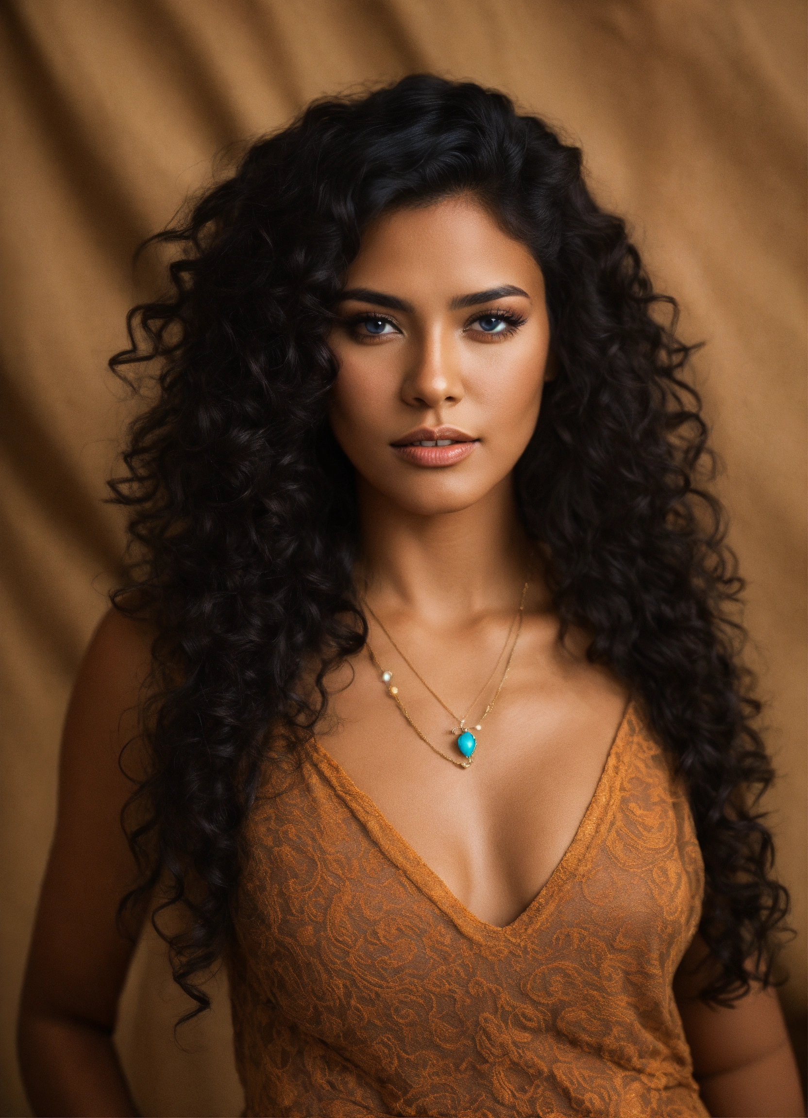 Lexica - Hispanic woman, dark tan skin, curly long black hair, blue eyes