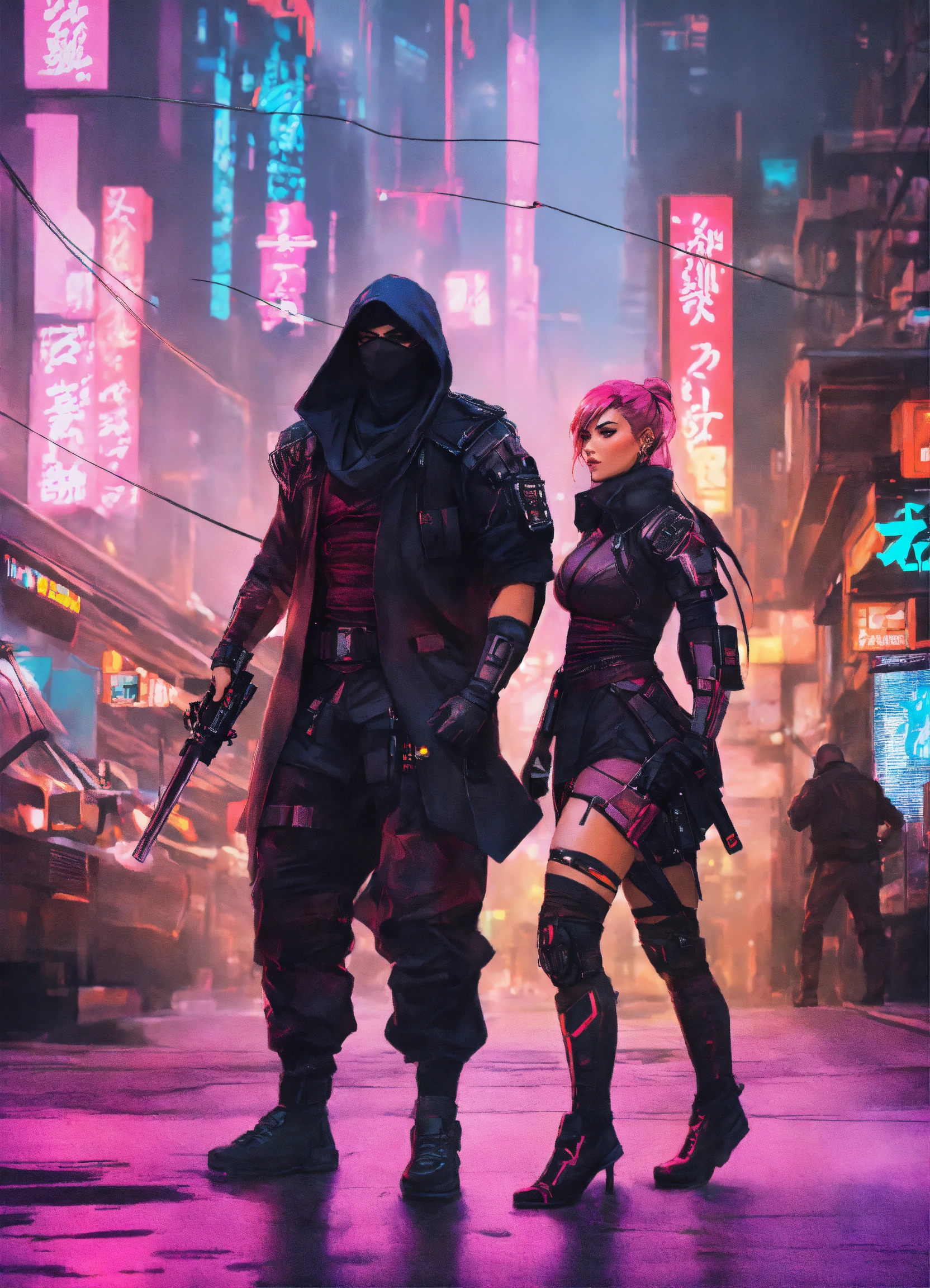 Lexica - Cyberpunk ninja in the city with his ninja wife
