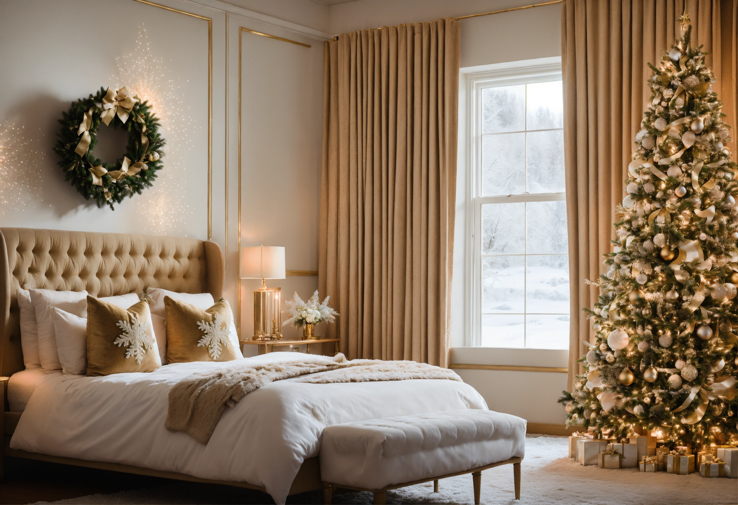 Lexica - Beautiful Christmas white and gold wedding bedroom facing ...
